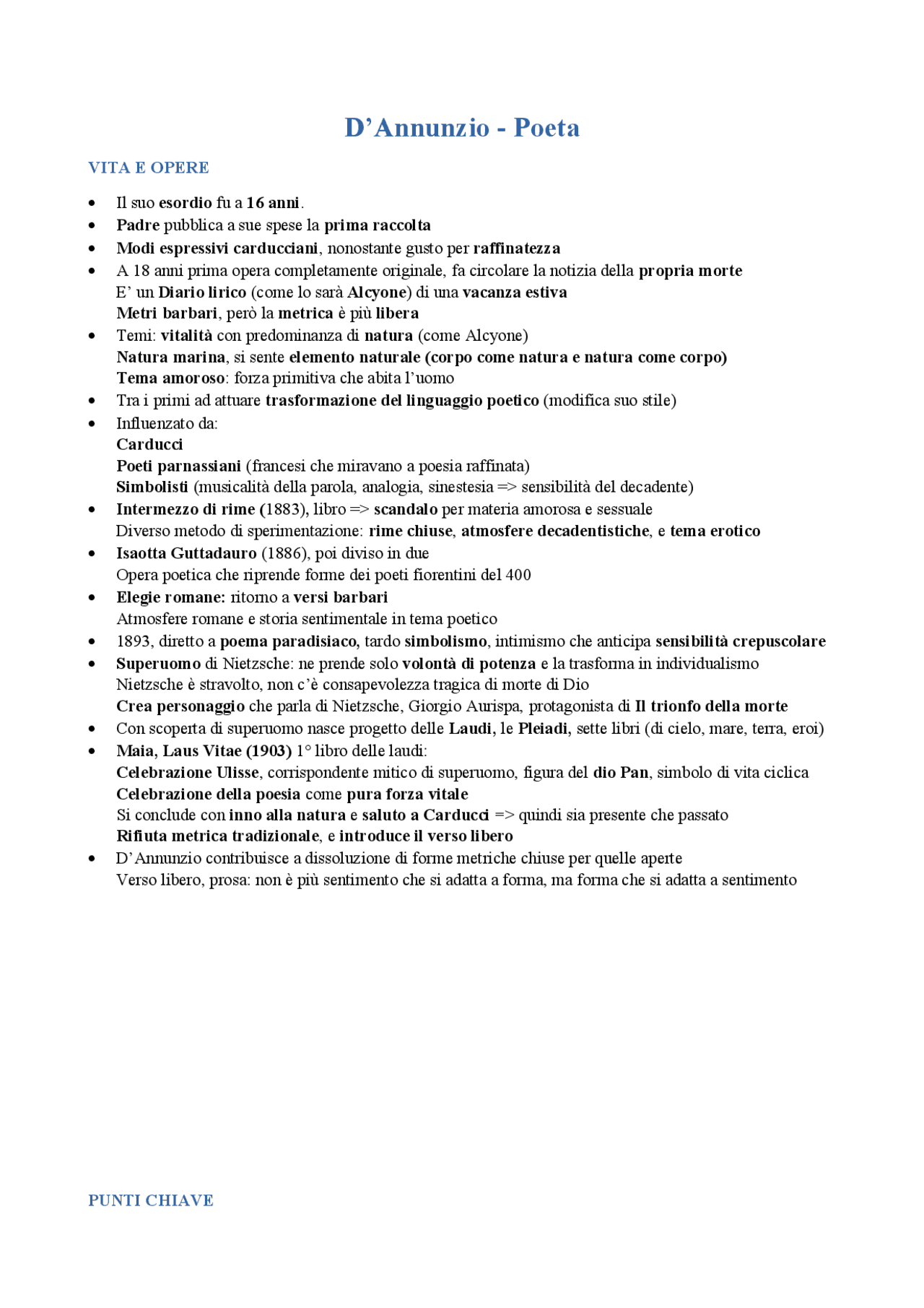 Dannunzio Riassunto Per Punti Chiave Docsity