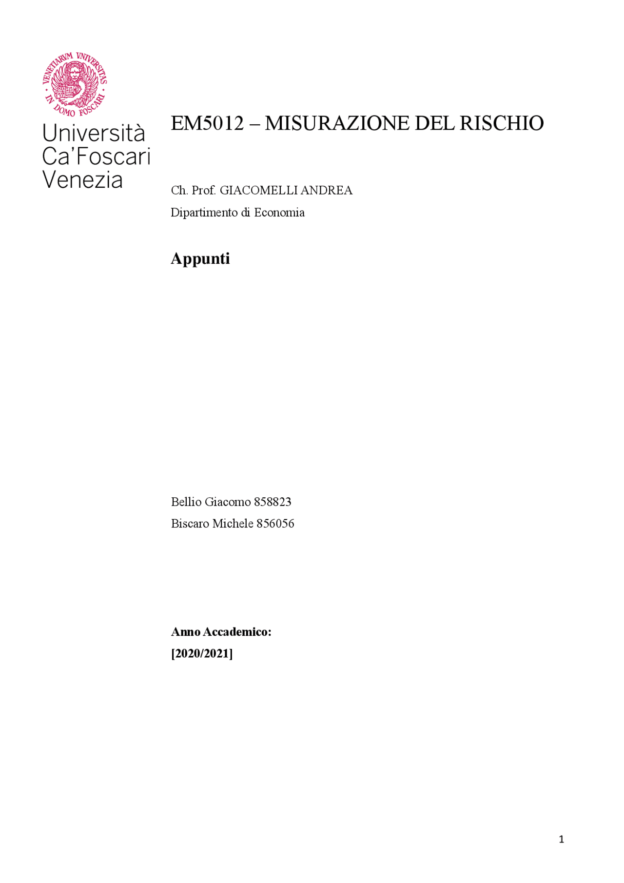 Misurazione Del Rischio Appunti Di Analisi Del Rischio Docsity