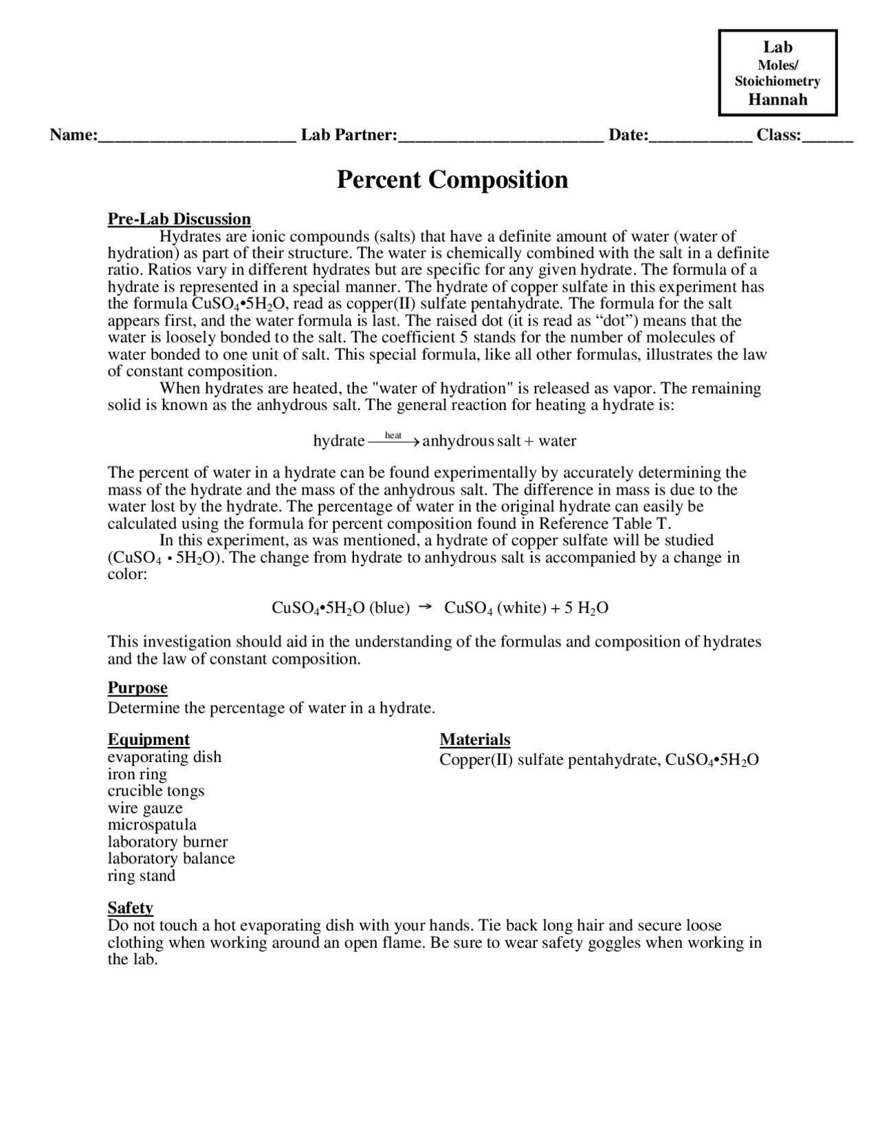 Percent Composition of Hydrates Lab Manual - Docsity