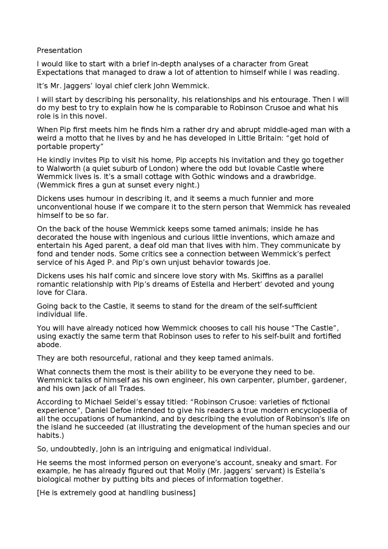 Presentation John Wemmick Dickens's Great Expectations - Docsity