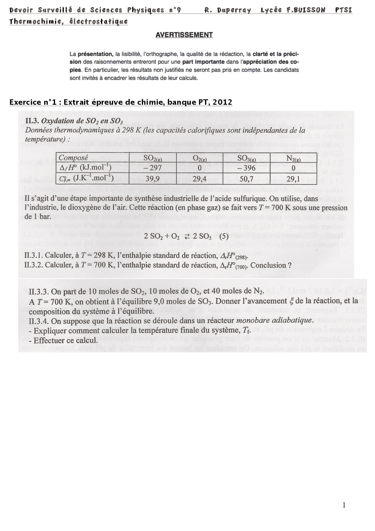 Thermochimie, électrostatique - Devoir Surveillé - Docsity