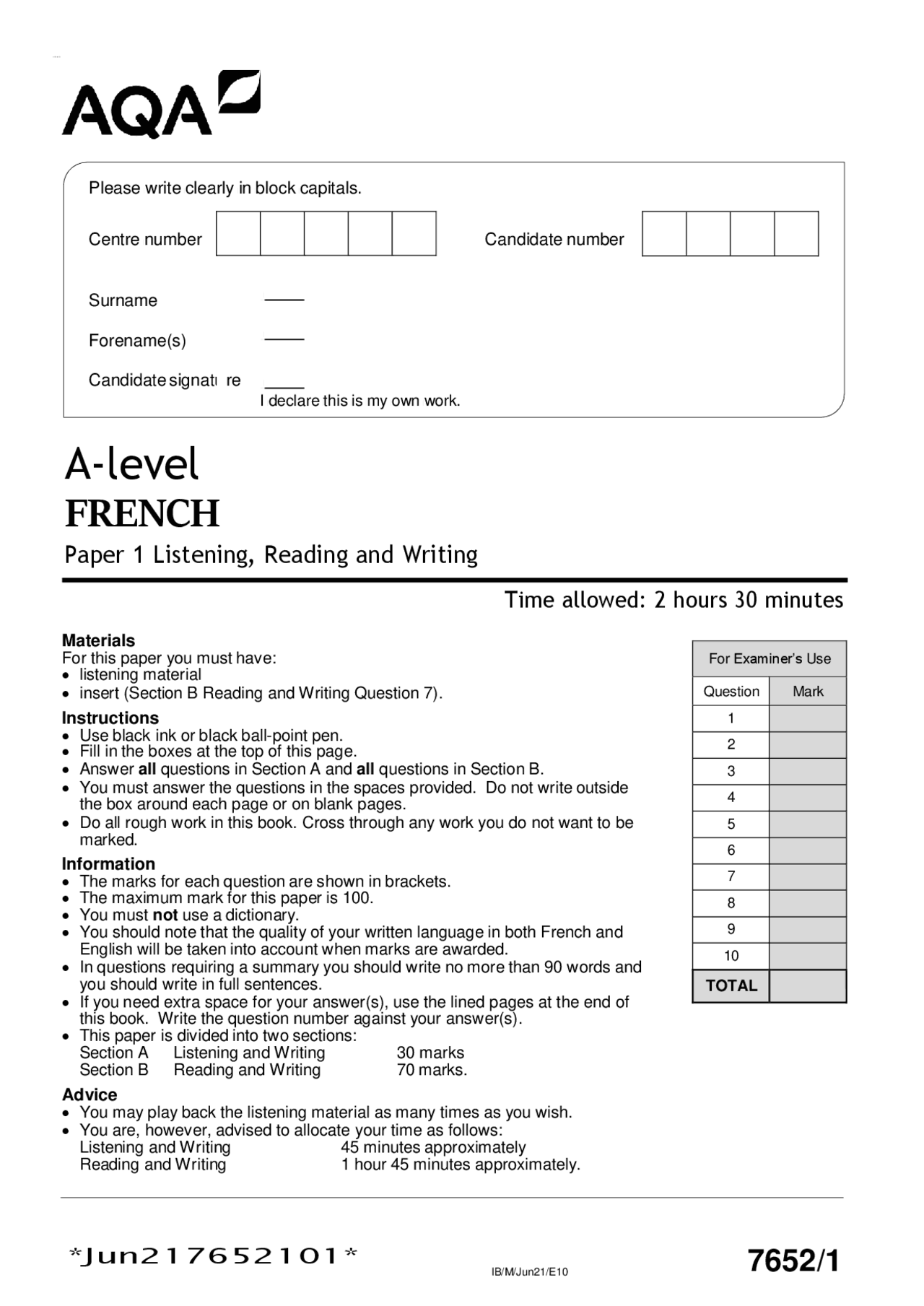 AQA A LEVEL 7652_1 FRENCH QP PAPER 1 Listening,Reading and Writing 2021 ...