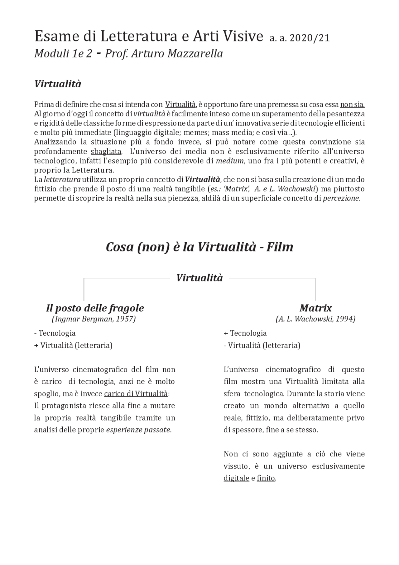 Schema Sulla Virtualità Arti Visive 1 Docsity