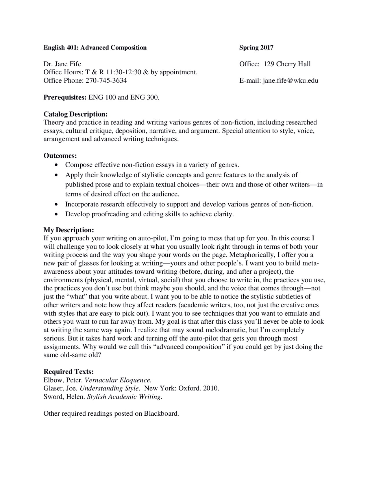 Eng 401 Advanced Composition Syllabus - Docsity