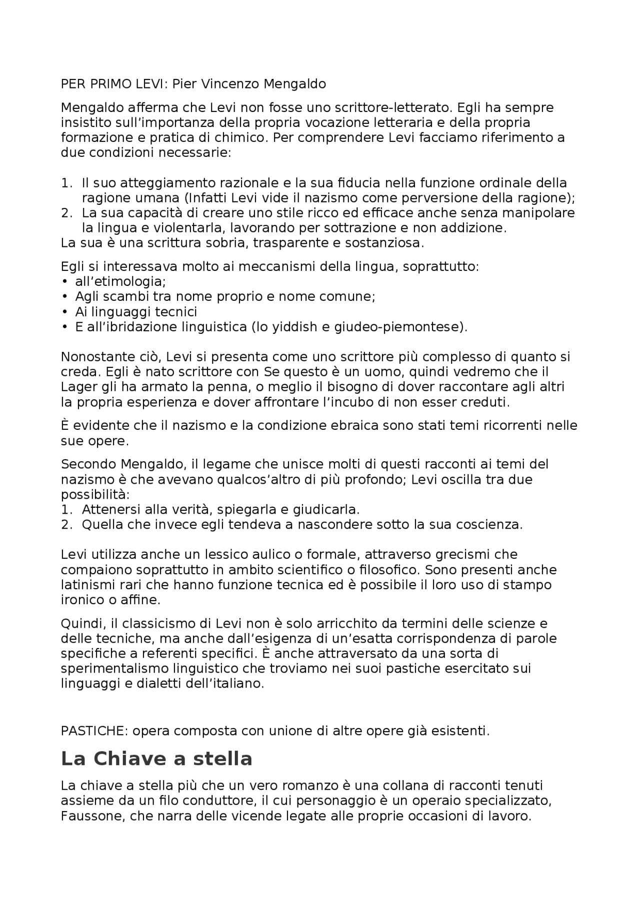 Riassunto libro "per Primo Levi" Mengaldo - Docsity