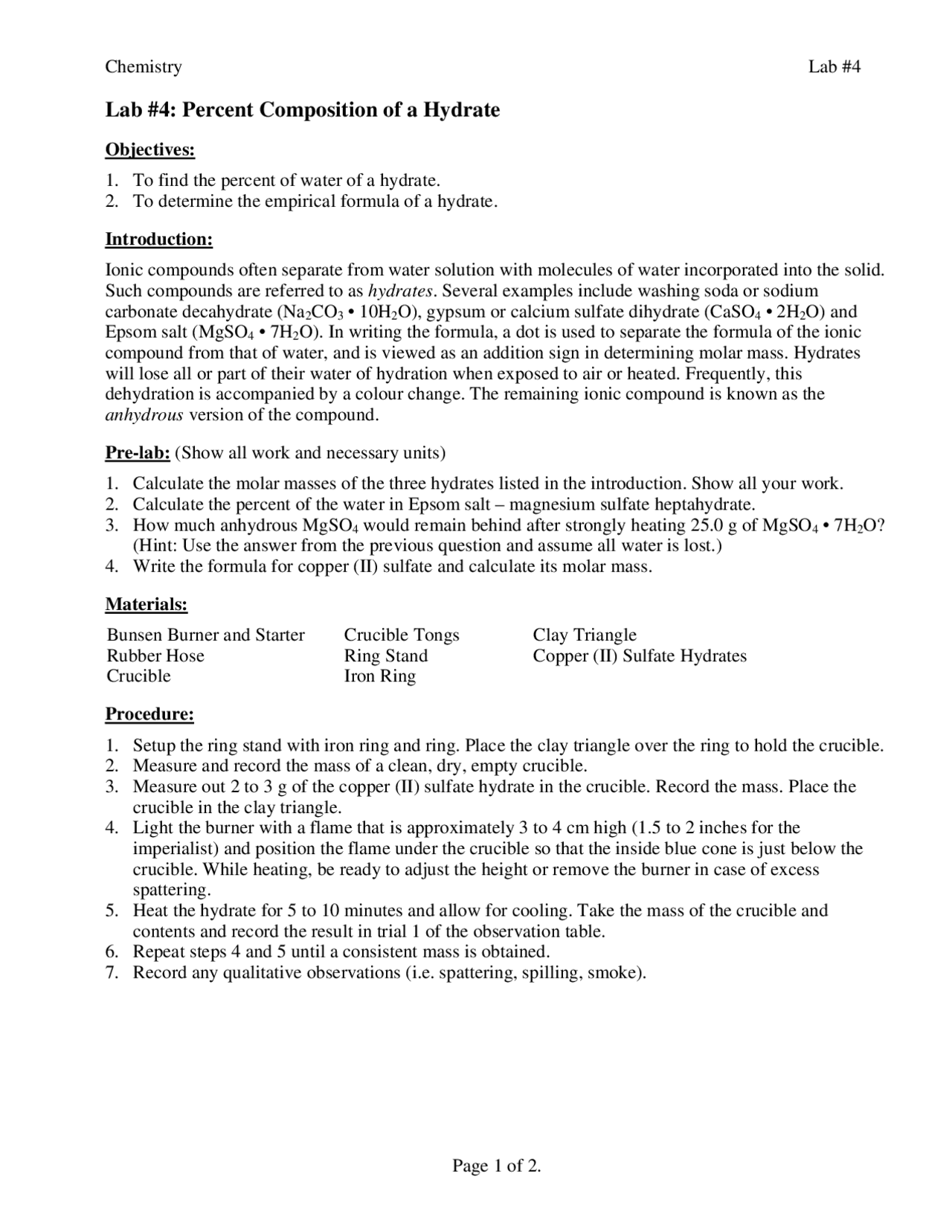 Lab 04 Percent Composition of a Hydrate - Docsity