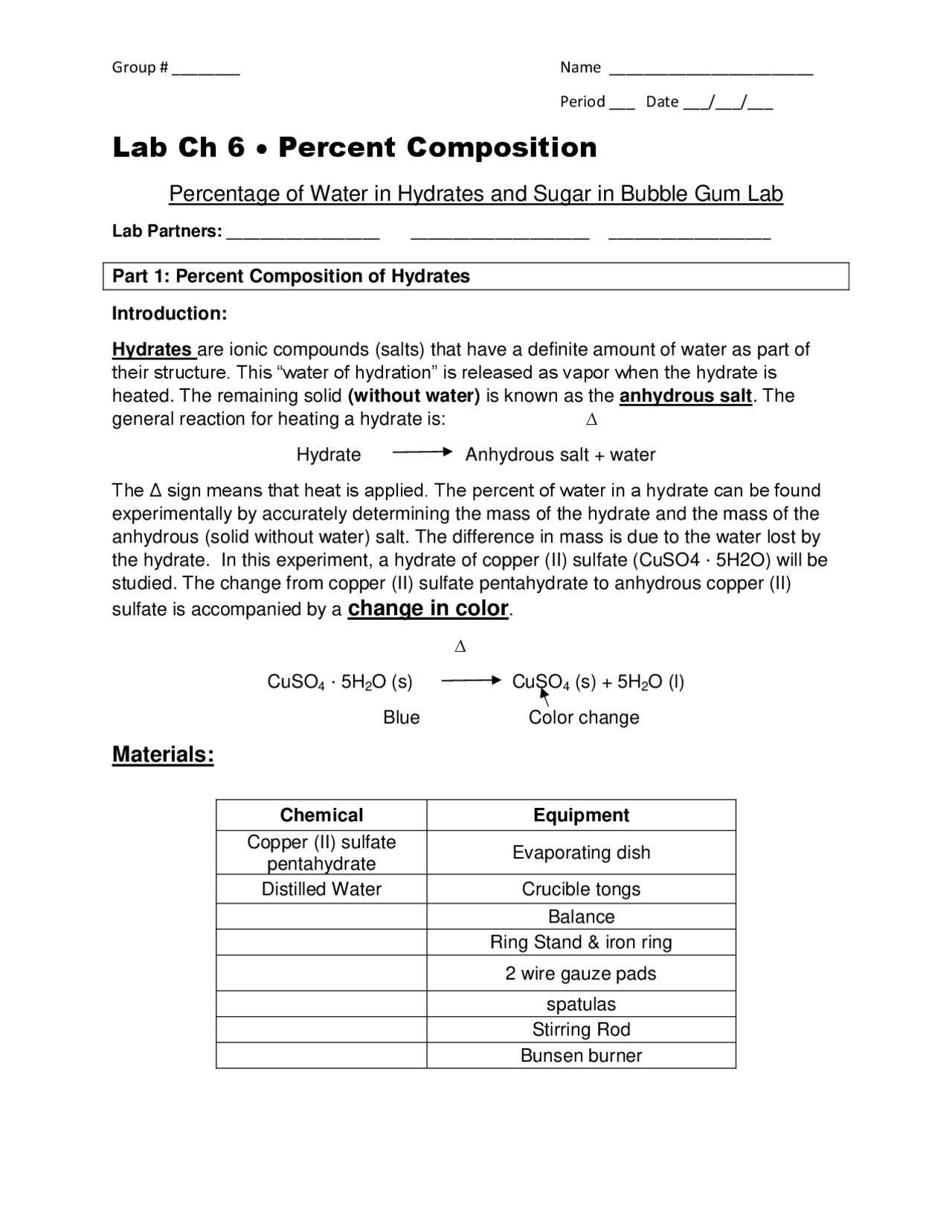 Percentage of Water in Hydrates and Sugar in Bubble Gum Lab - Docsity