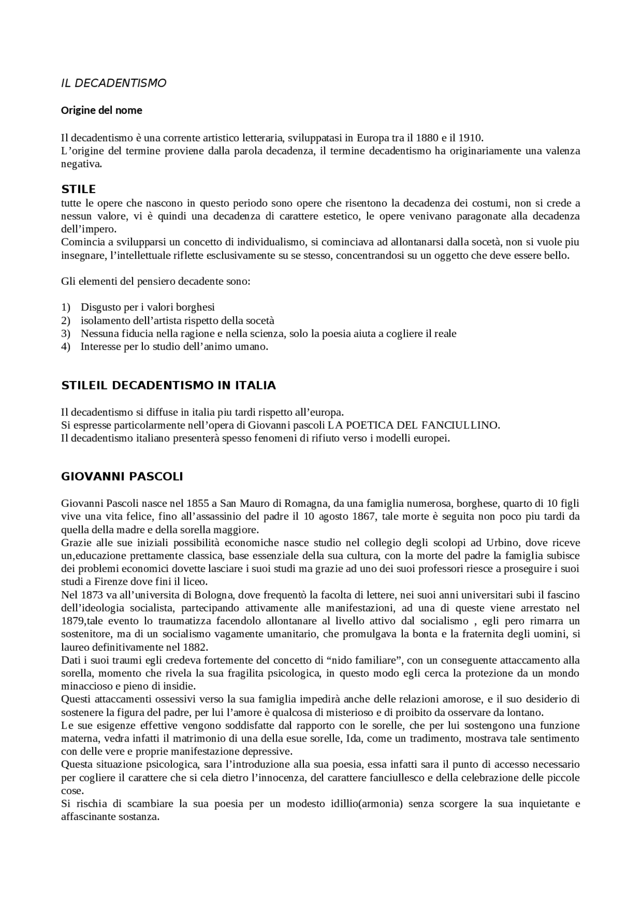 Decadentismo E Giovanni Pascoli Docsity
