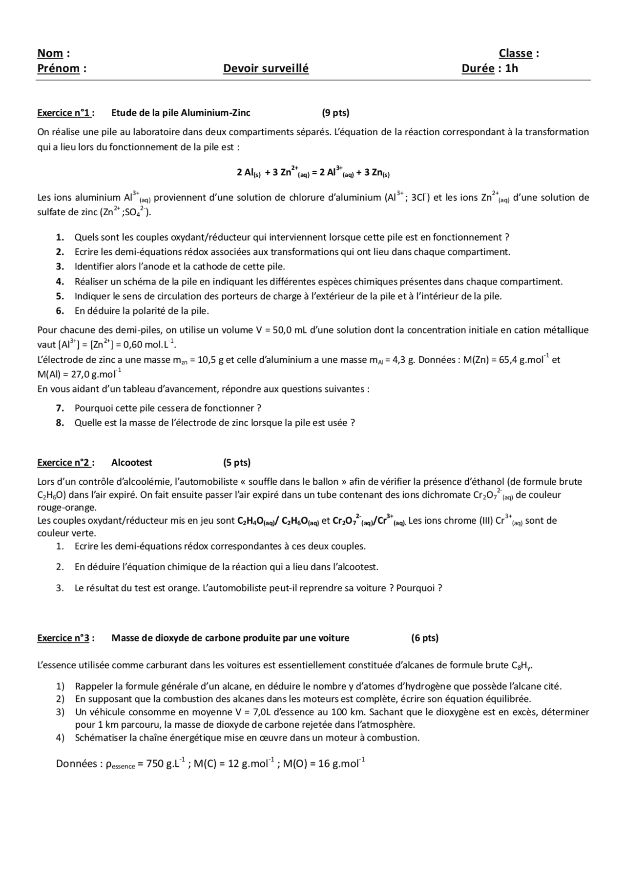 Correction du devoir surveillé n°10 de Chimie - Docsity