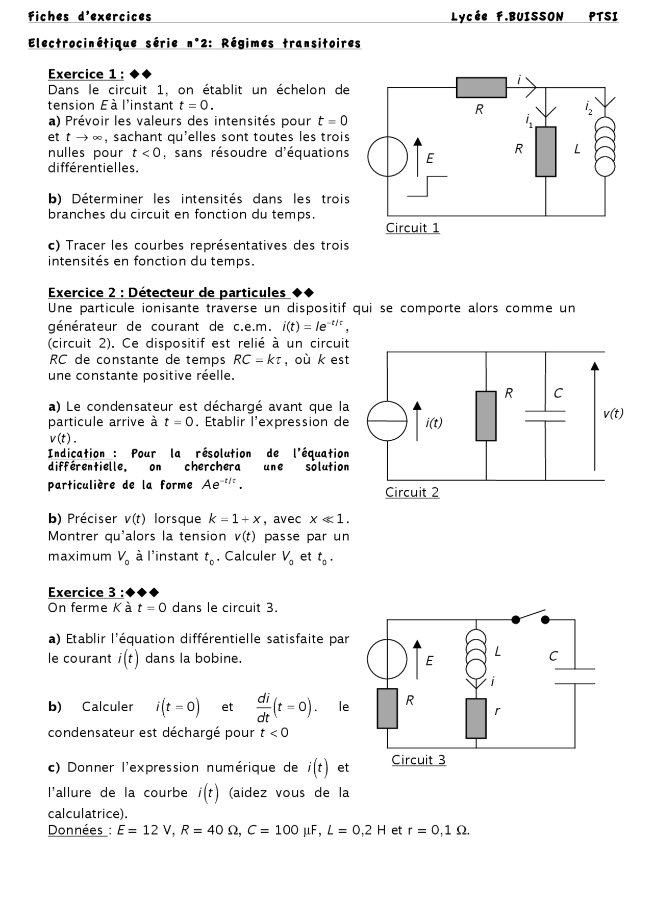 E lectrocinétique série n°2: Régimes transitoires - Docsity