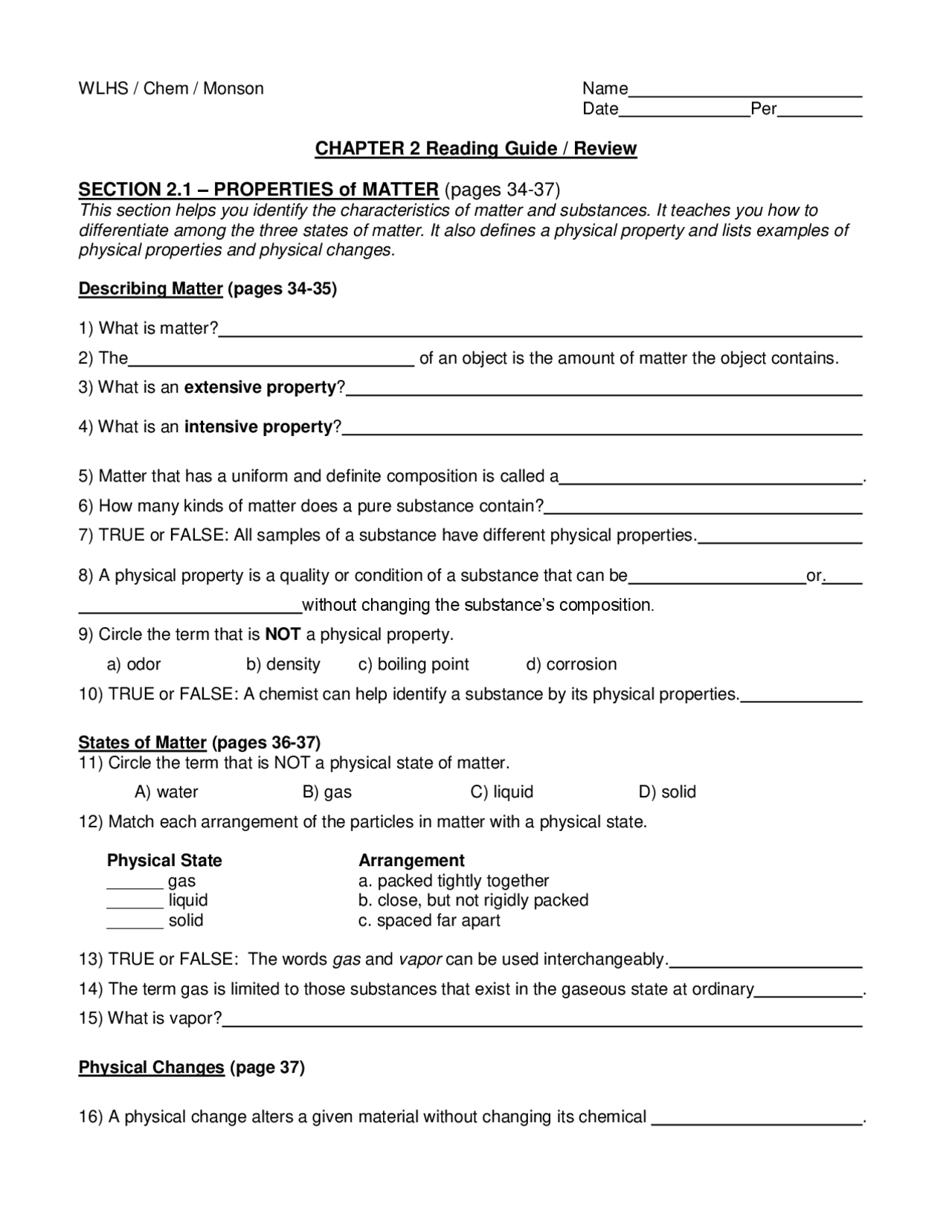 Properties of Matter and Mitures Worksheet - Docsity