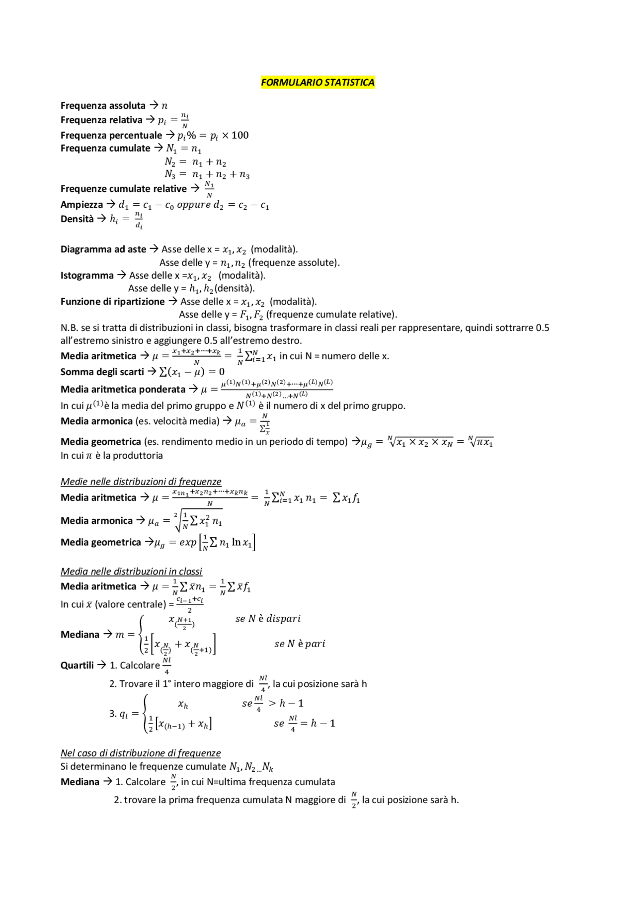 Formulario Statistica - Docsity