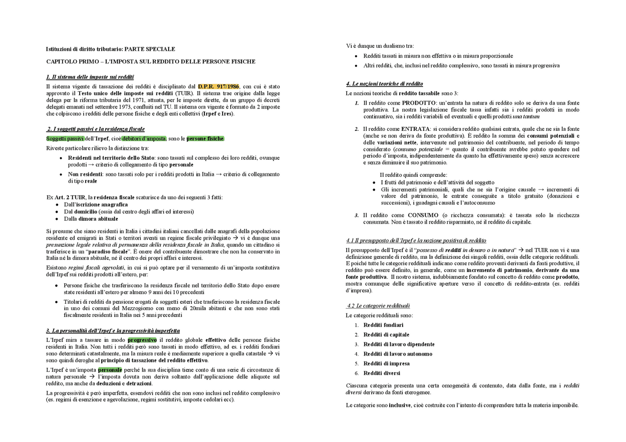 Diritto Tributario Parte Speciale Docsity