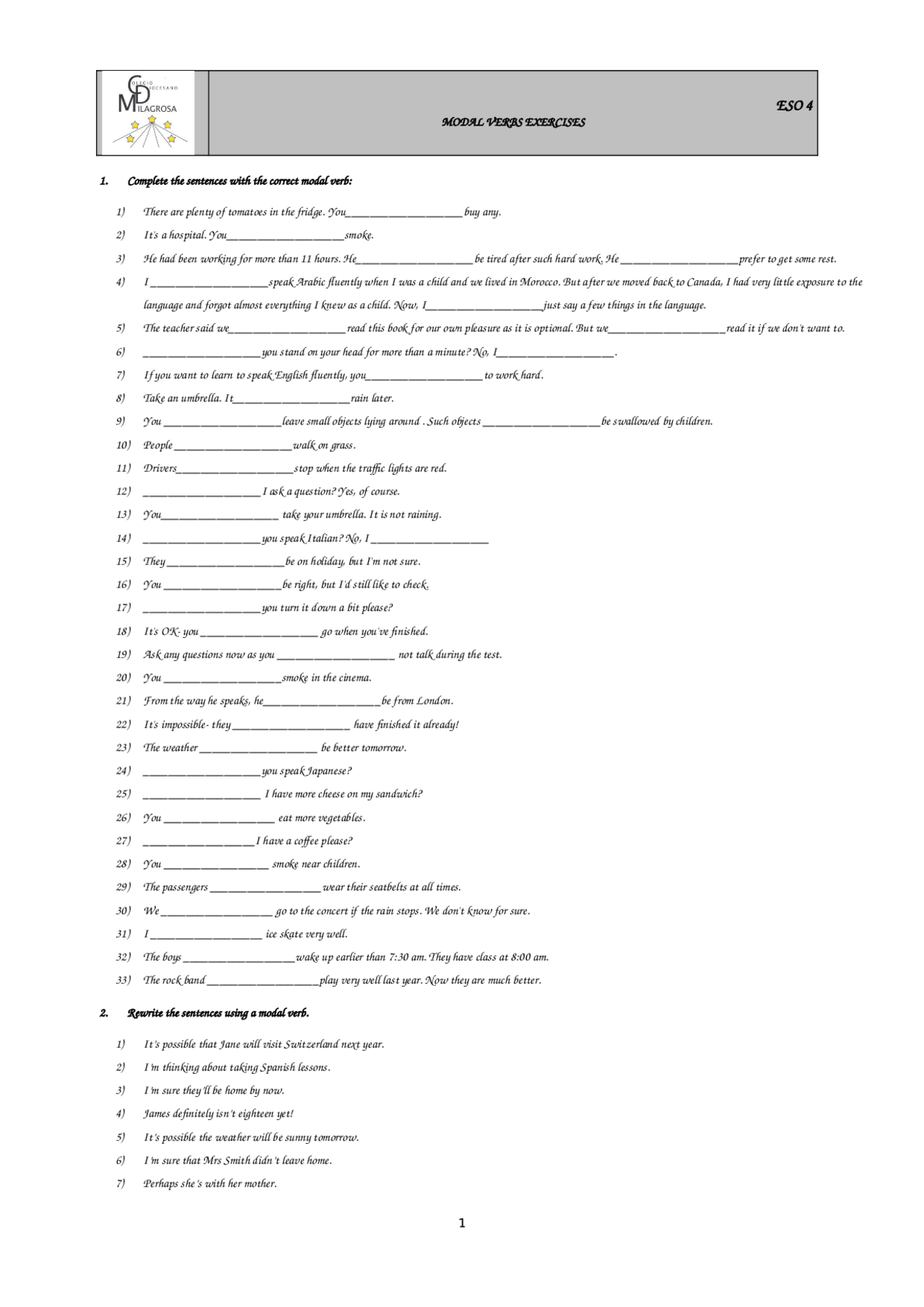 Modal verbs theory. Chart with all modal verbs in English - Docsity