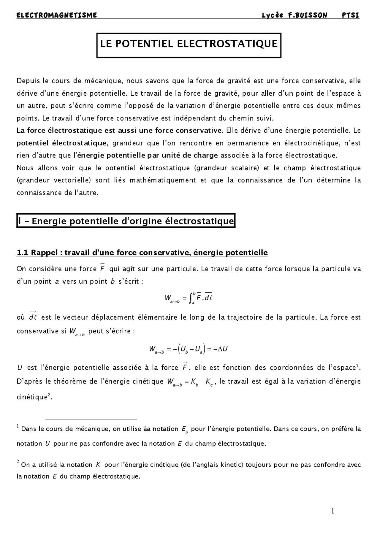 LE POTENTIEL ELECTROSTATIQUE | Lectures Physique - Docsity