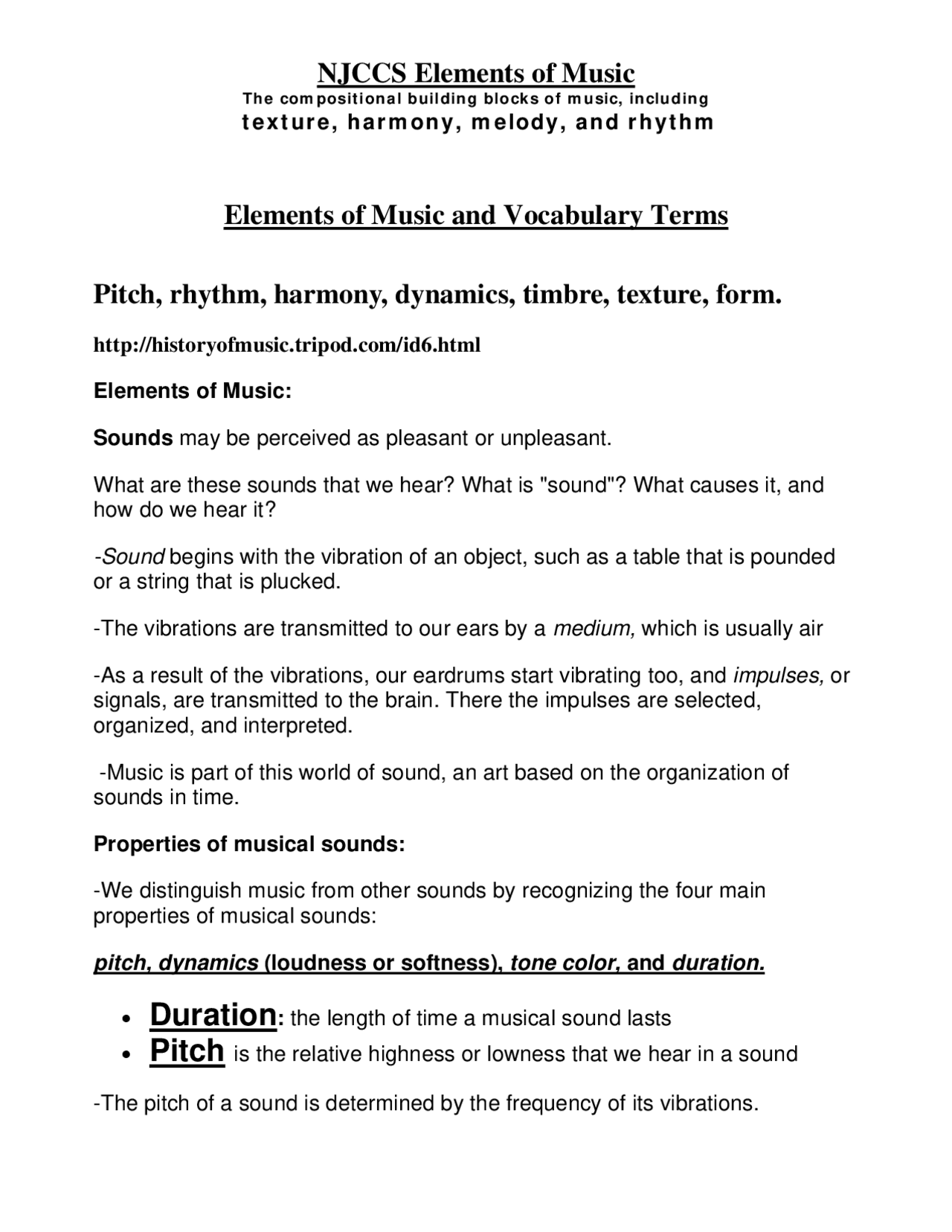 Elements of Music and Vocabulary Terms - Docsity