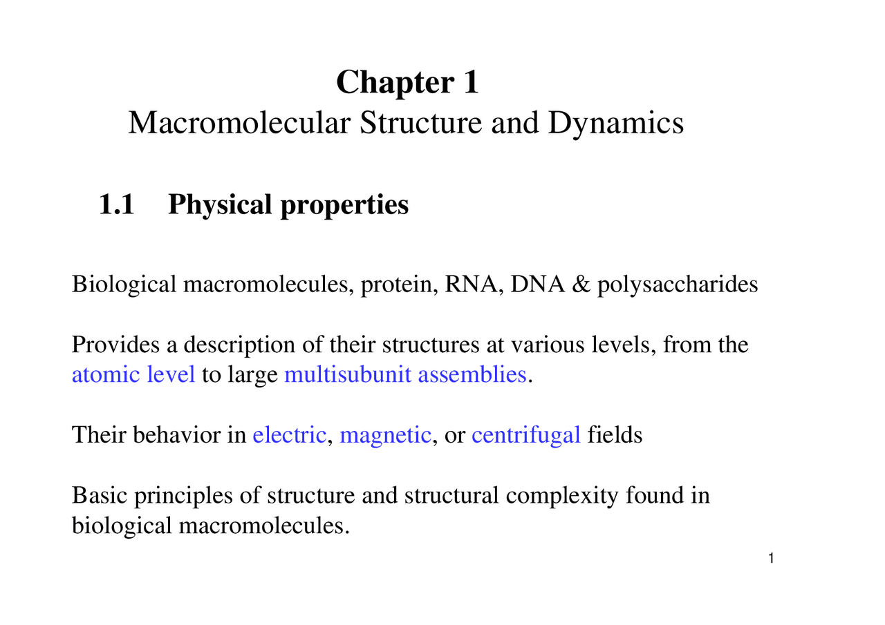 Macromolecular Structure And Dynamics Lecture Slides Docsity