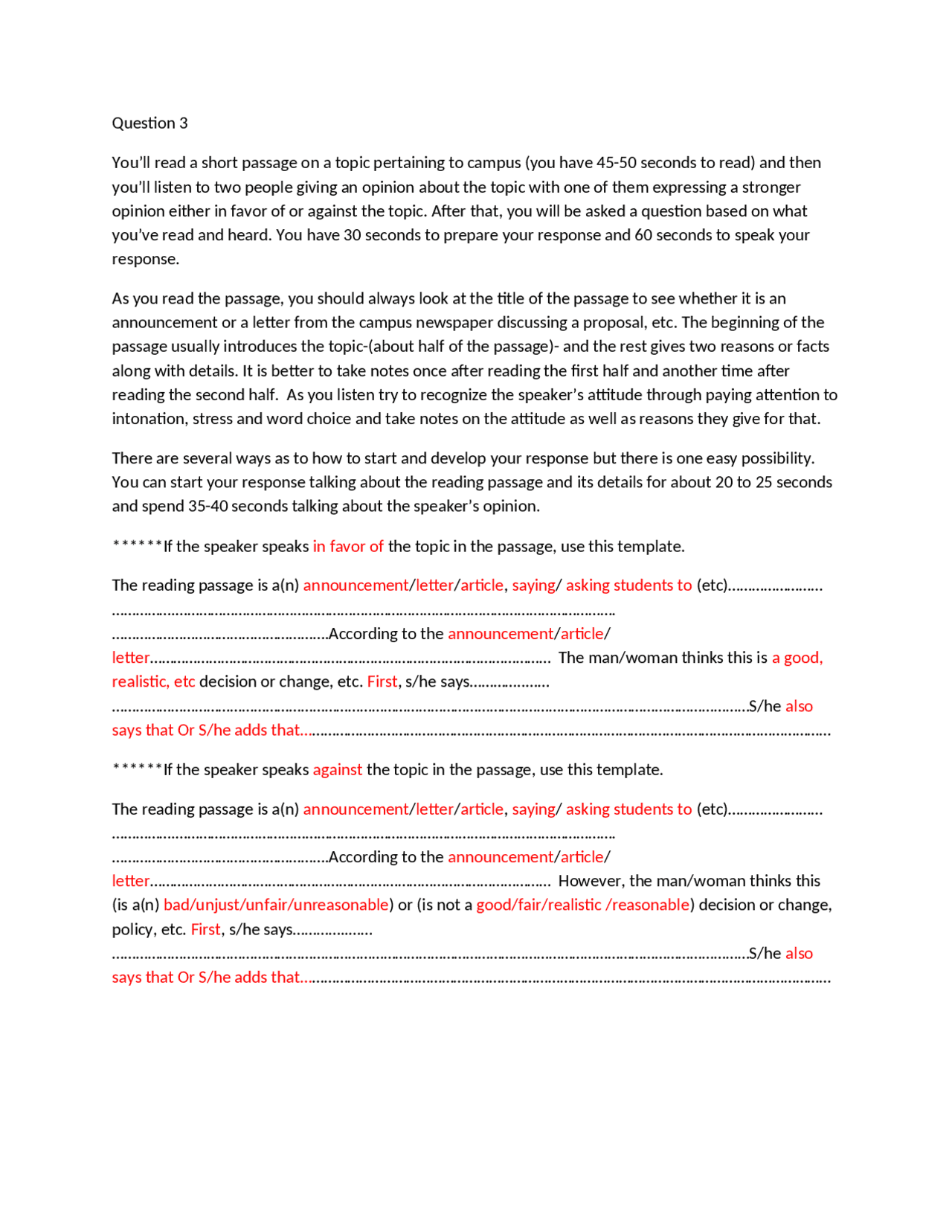 TEOFL SOEAKING STARTEGIES - Docsity