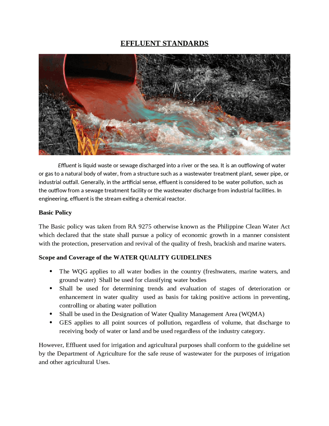 Effluent standards (waste water, liquid waste, sewage) - Docsity