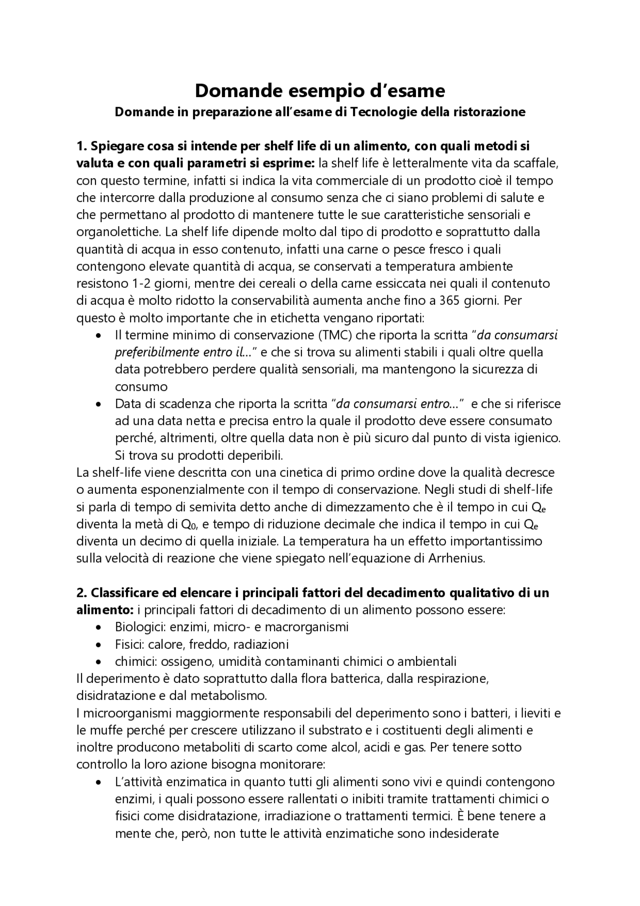Domande Desempio Esame Di Tecnologie Della Ristorazione Docsity
