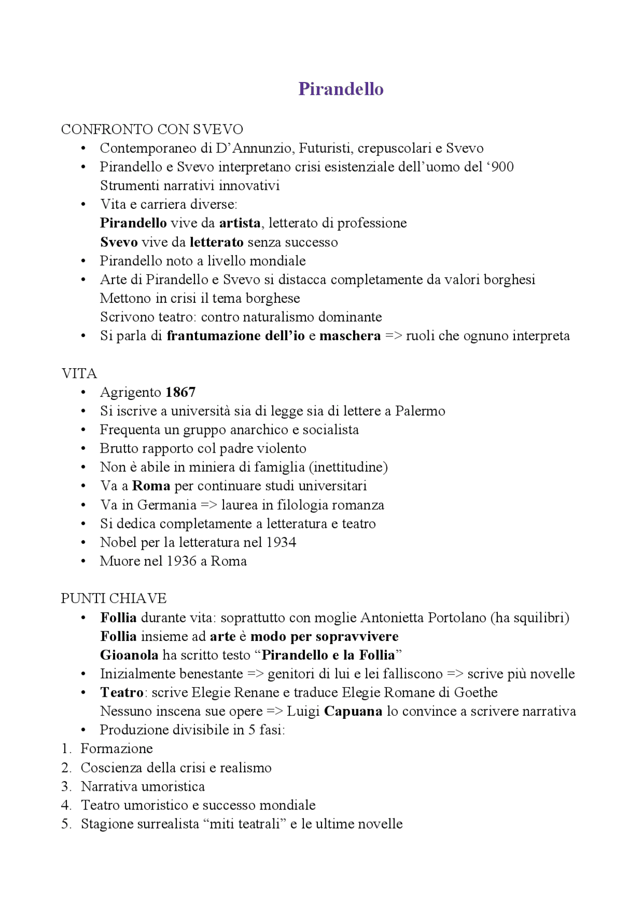 Pirandello - Schema Riassuntivo - Docsity