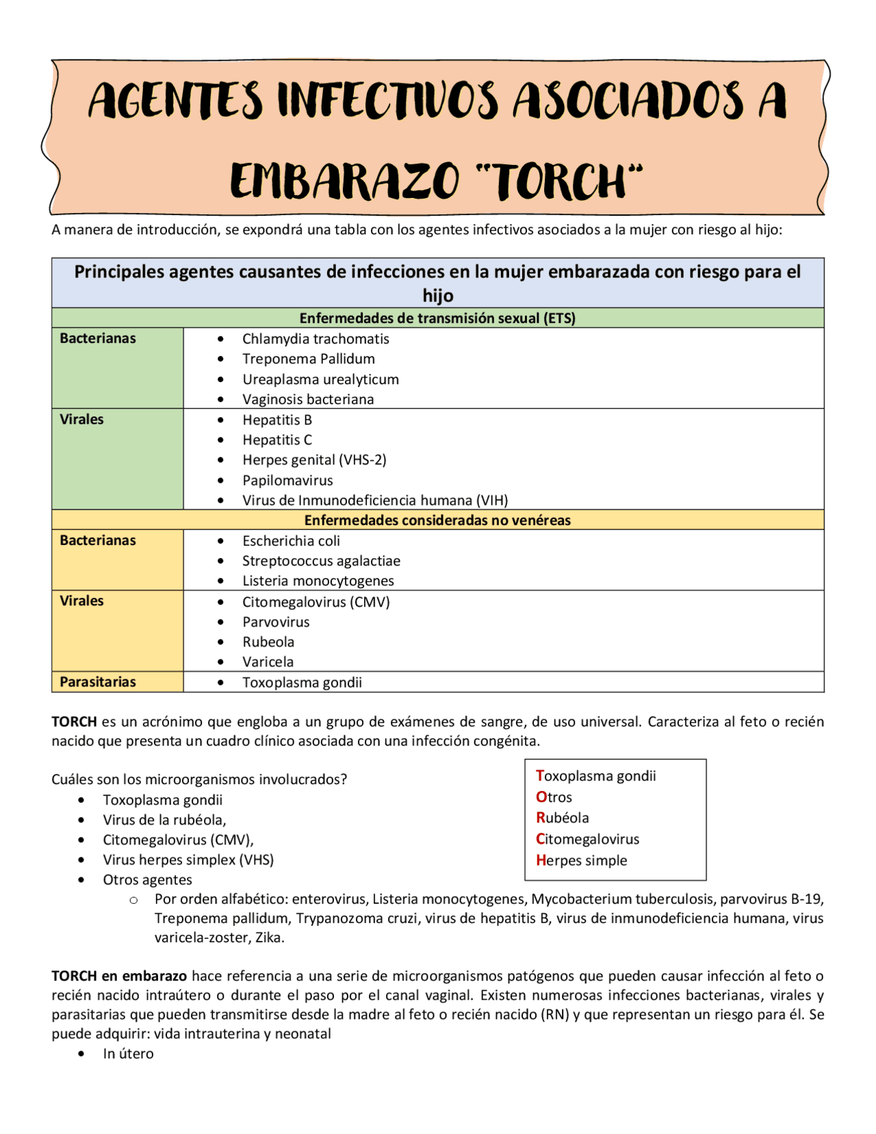 Agente infectivo asociado a embarazo: Torch - Docsity