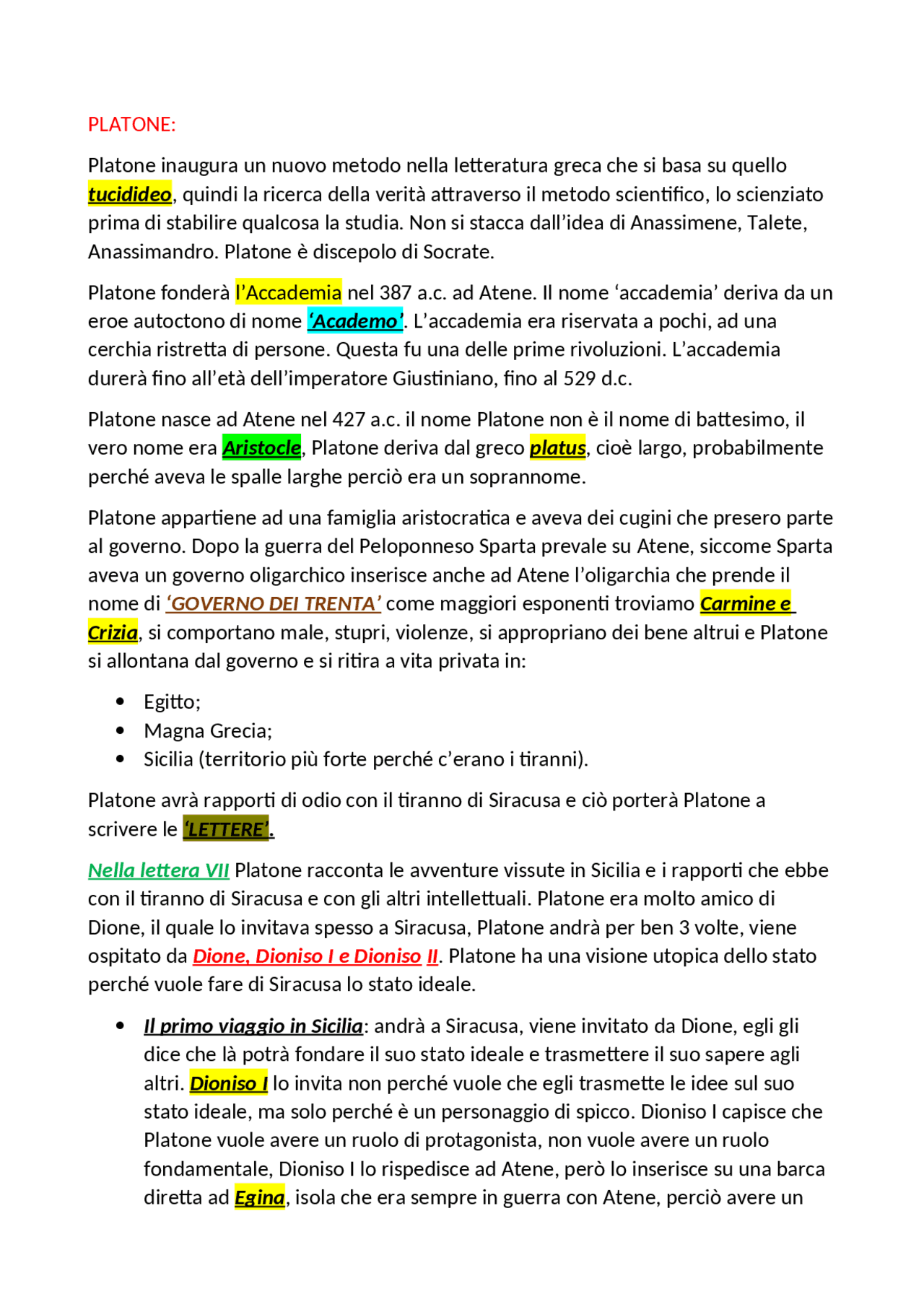 Platone e il suo pensiero - Docsity