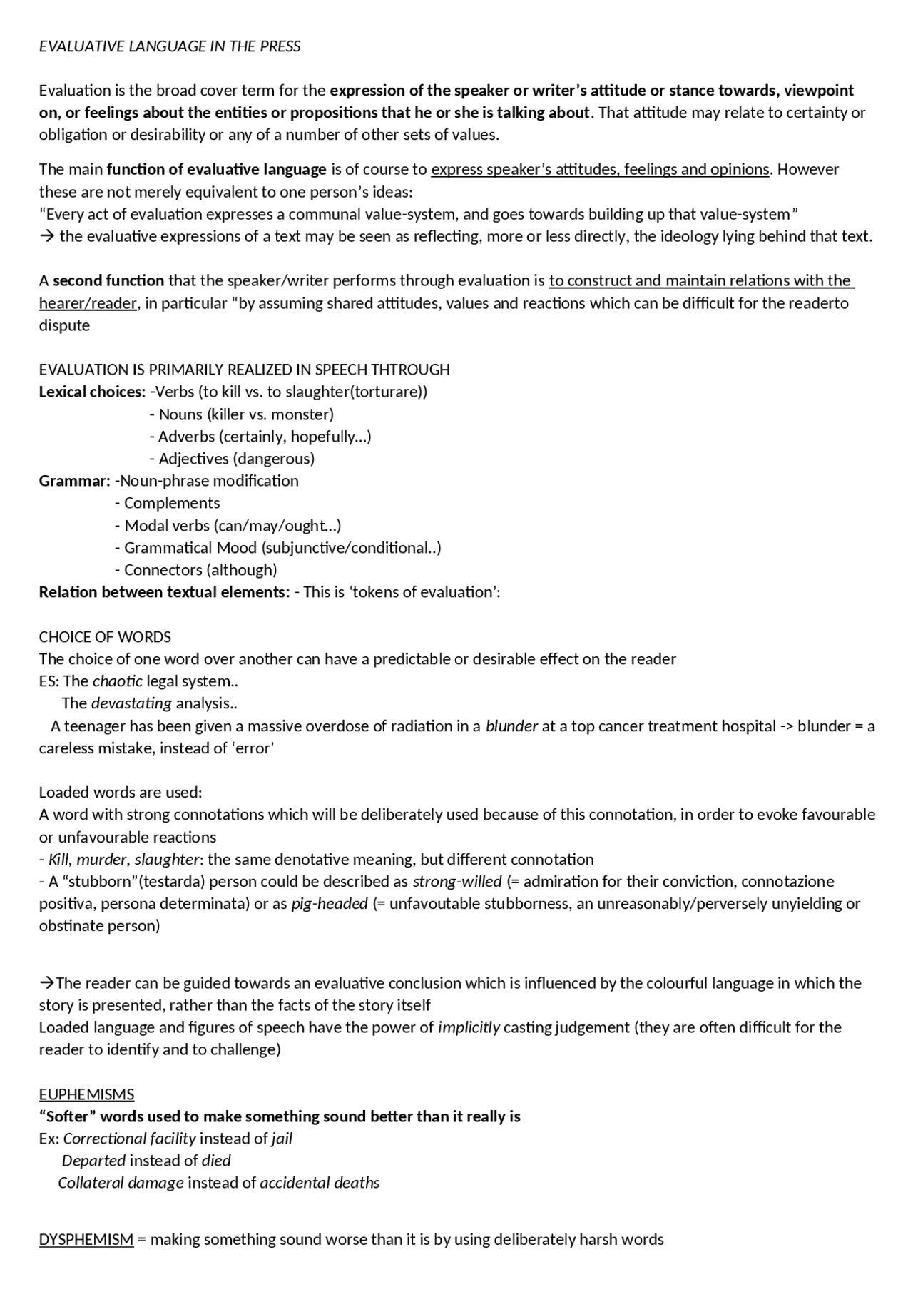 EVALUATIVE LANGUAGE IN THE PRESS | Appunti di Cultura Inglese I | Docsity