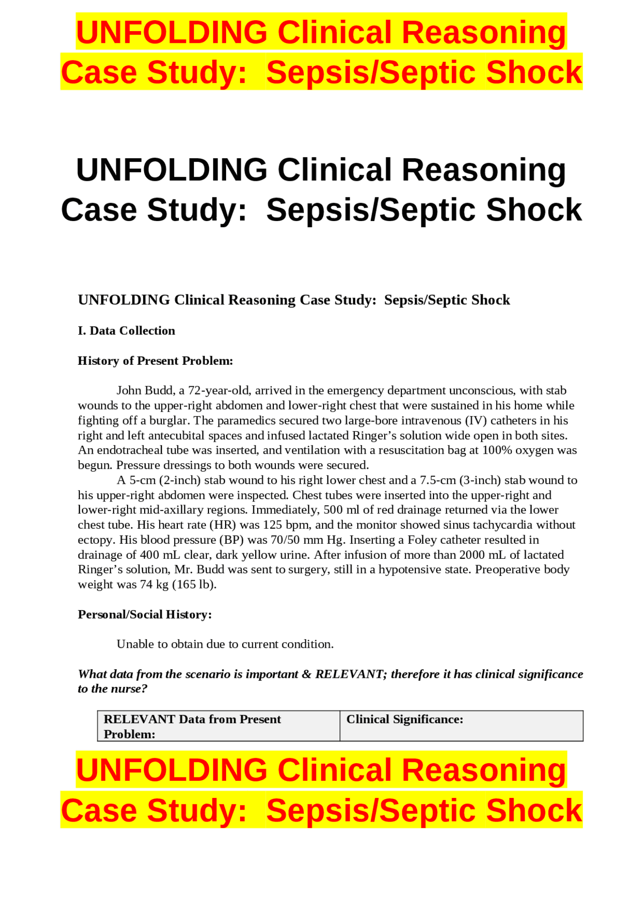 UNFOLDING Clinical Reasoning Case Study: Sepsis/Septic Shock | Exams Nursing | Docsity