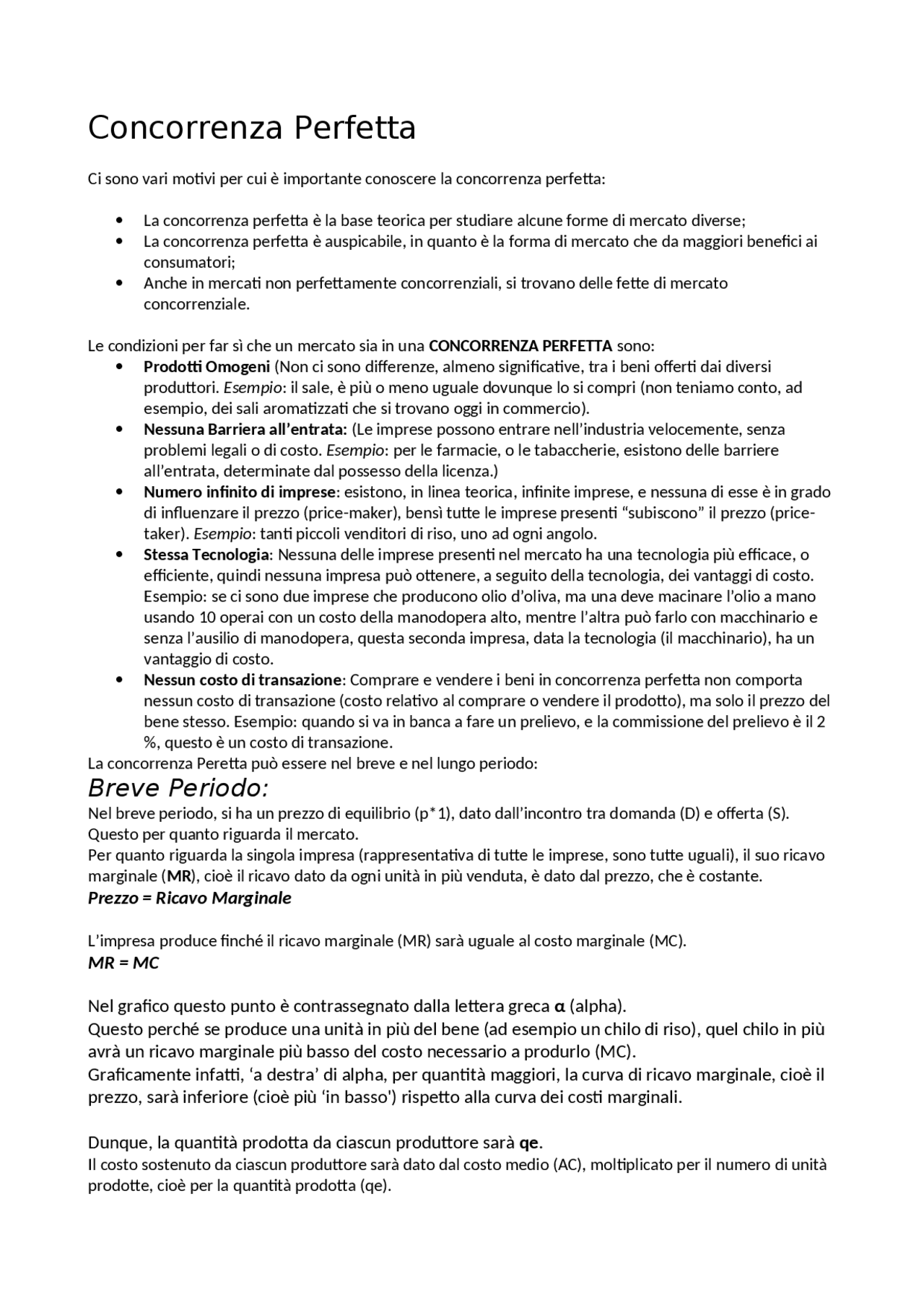 Concorrenza Perfetta in un mercato - Docsity