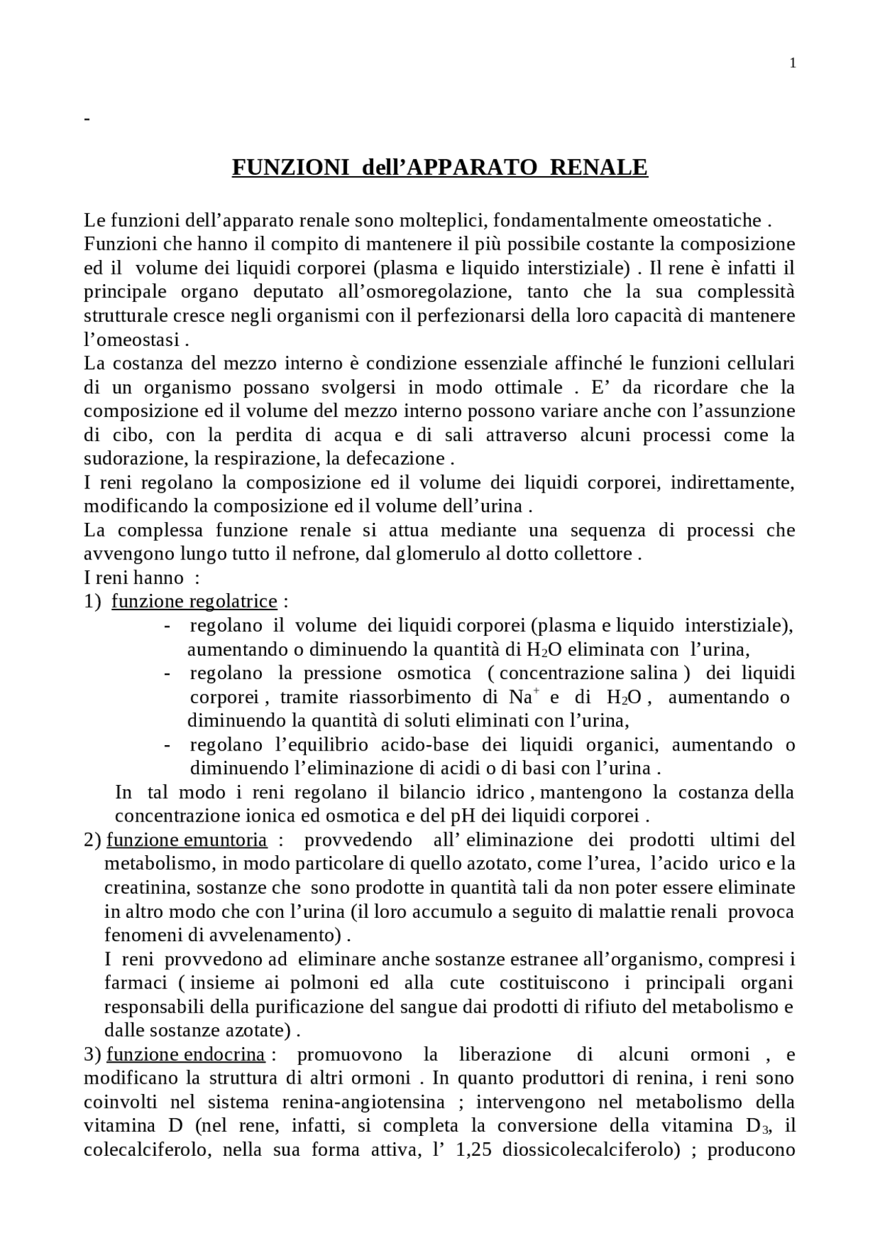 Apparato renale riassunto - Docsity