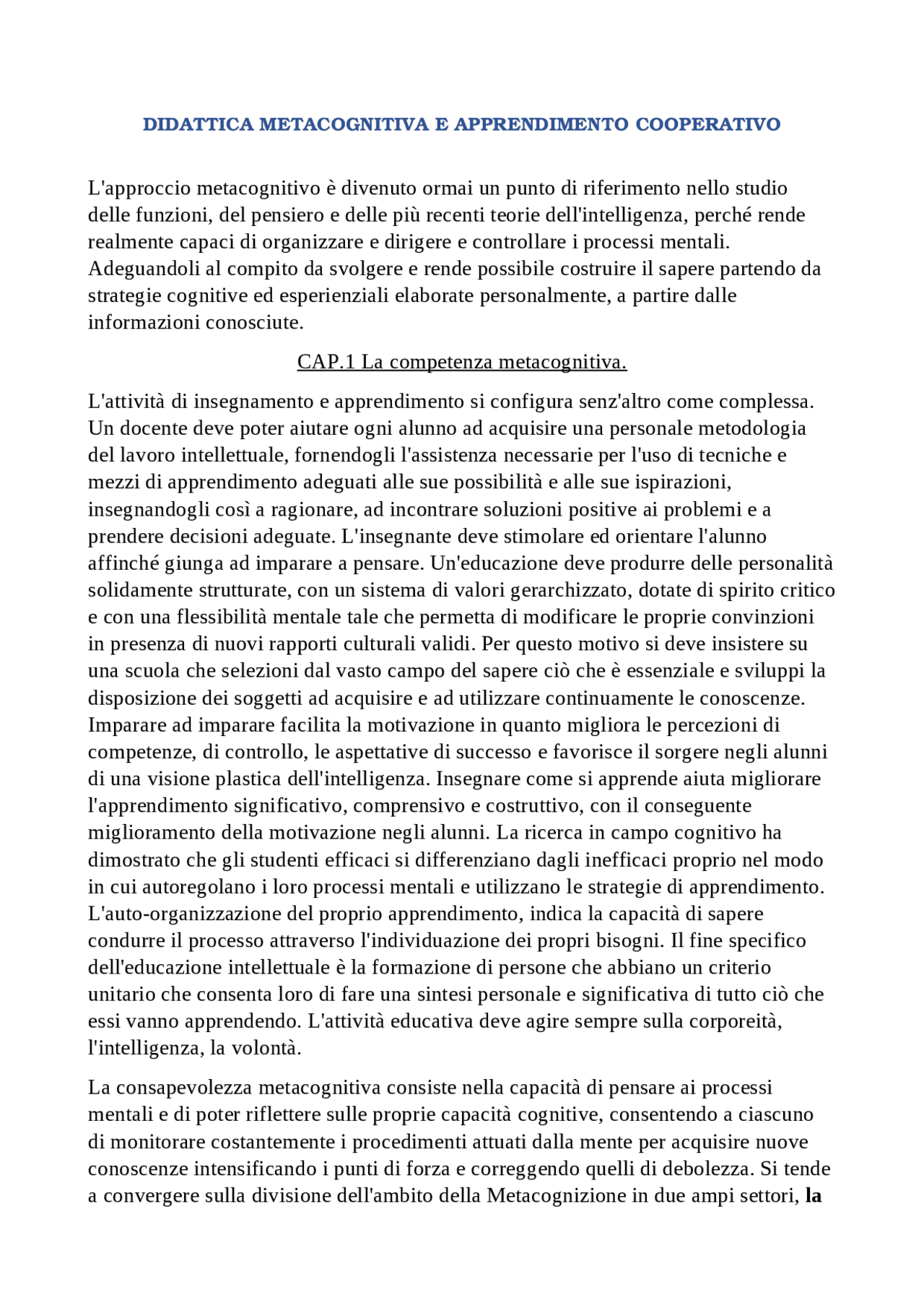 Didattica Metacognitiva E Apprendimento Cooperativo Docsity