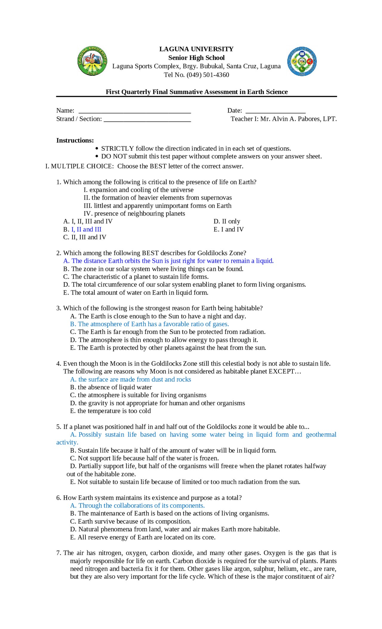 First Quarterly Final Summative Assessment in Earth Science. (HOTS ...