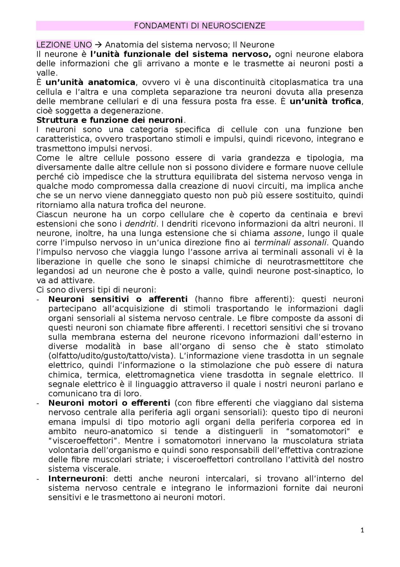 Slide Del Corso Di Fondamenti Di Neuroscienze Docsity