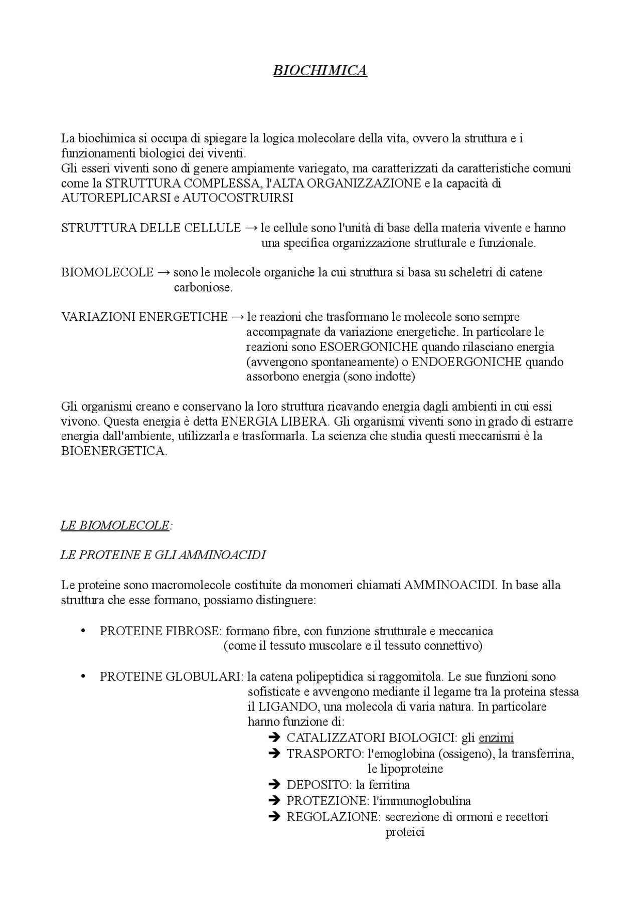 Biochimica Riassunto Docsity
