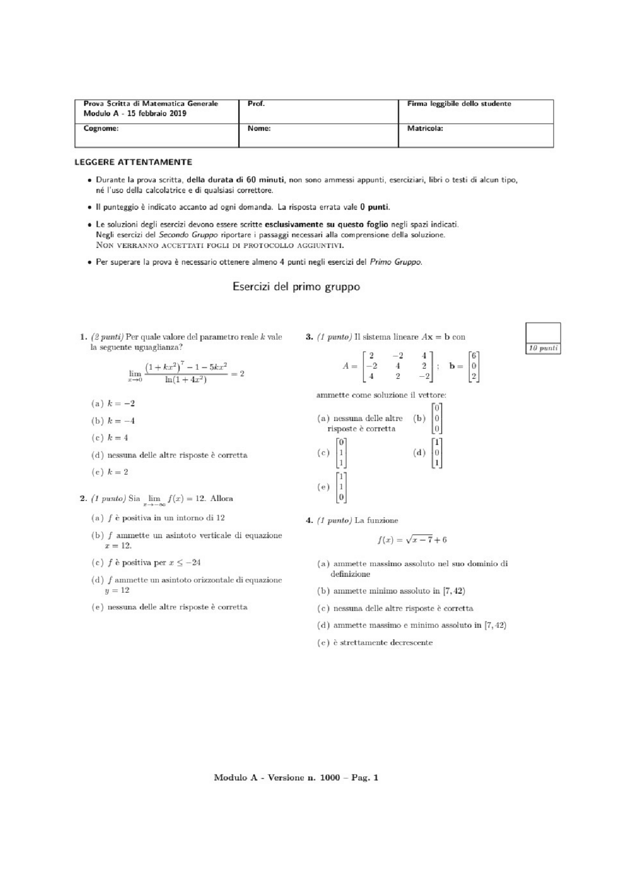 Tema d'esame MODULO A, testo e esercizi svolti con i vari passaggi ...