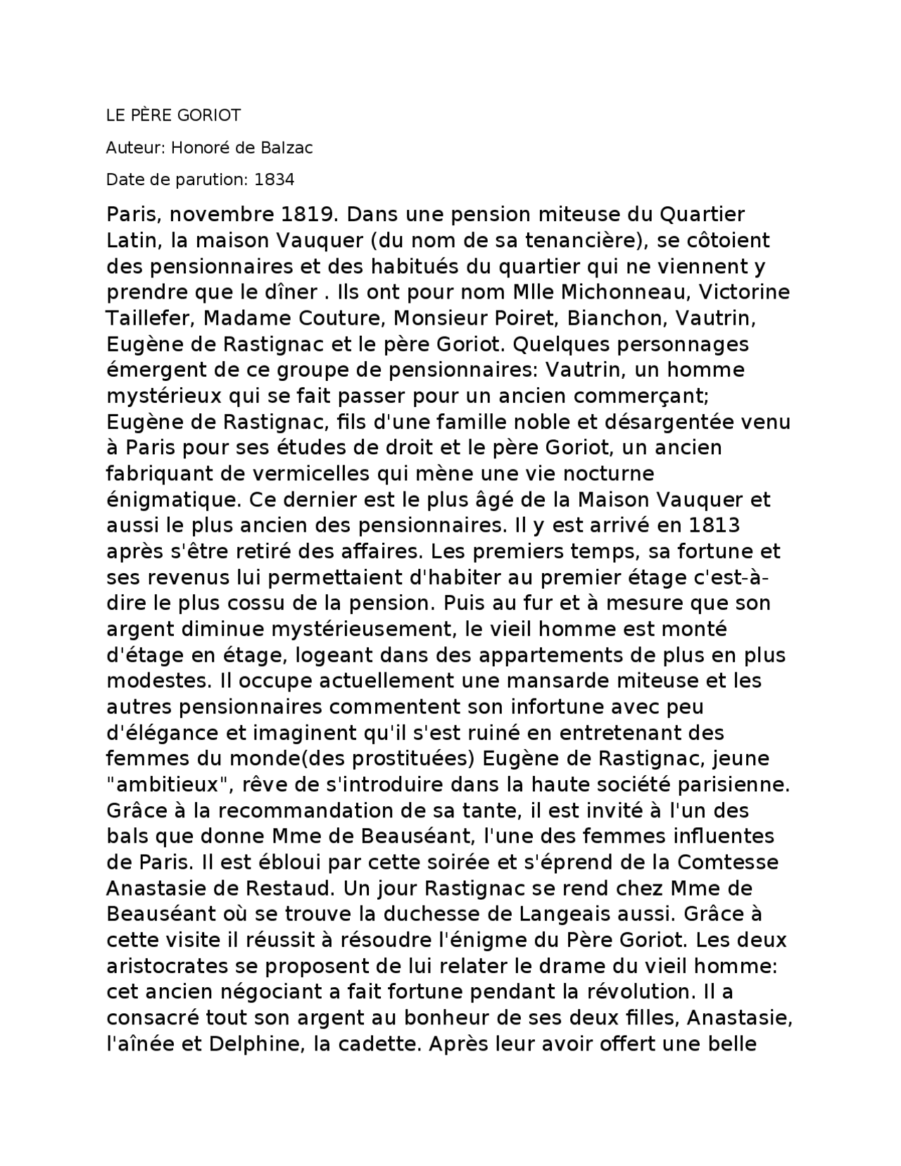 Il Padre Goriot In Francese Docsity