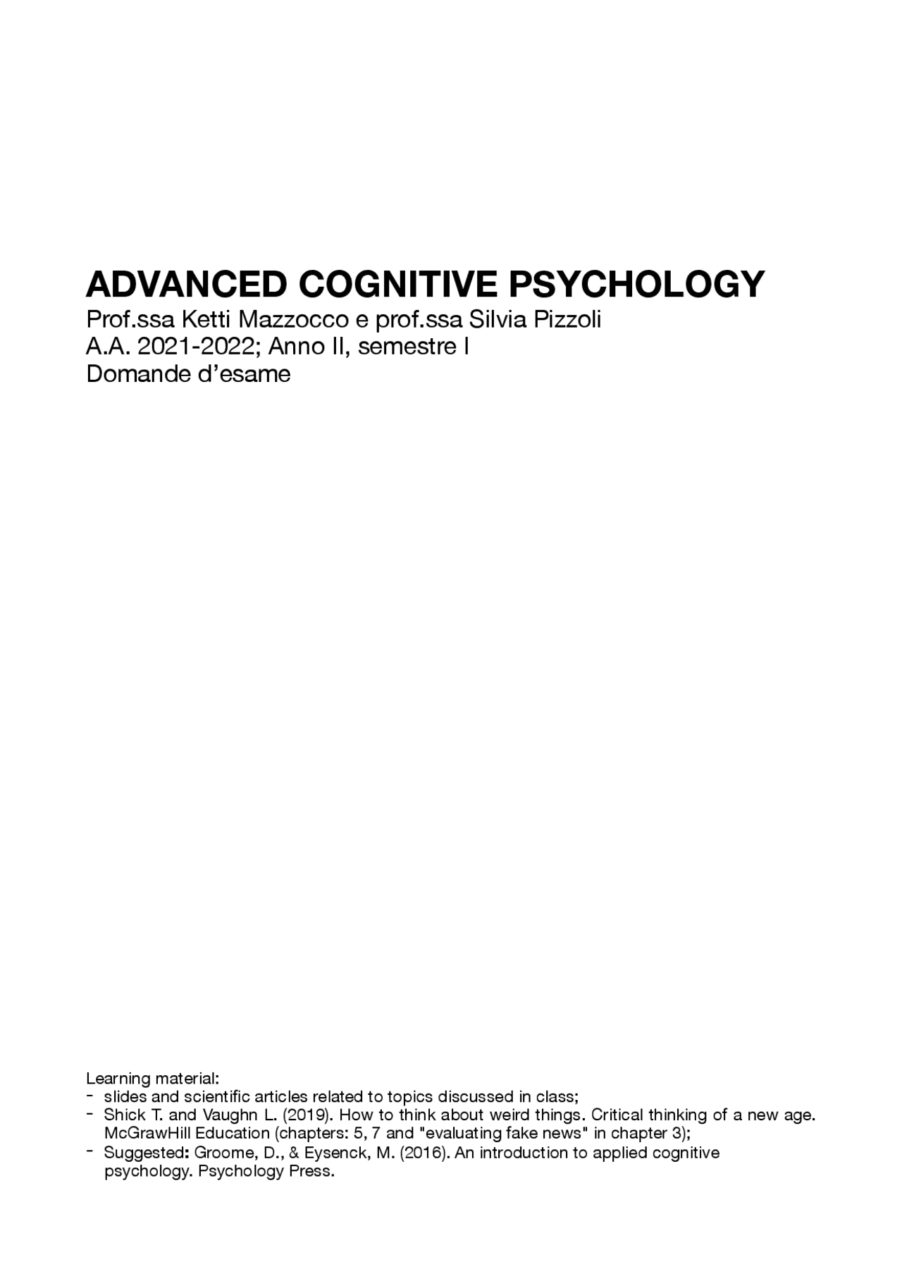 Domande E Risposte Dellesame Di Advanced Cognitive Psychology Docsity