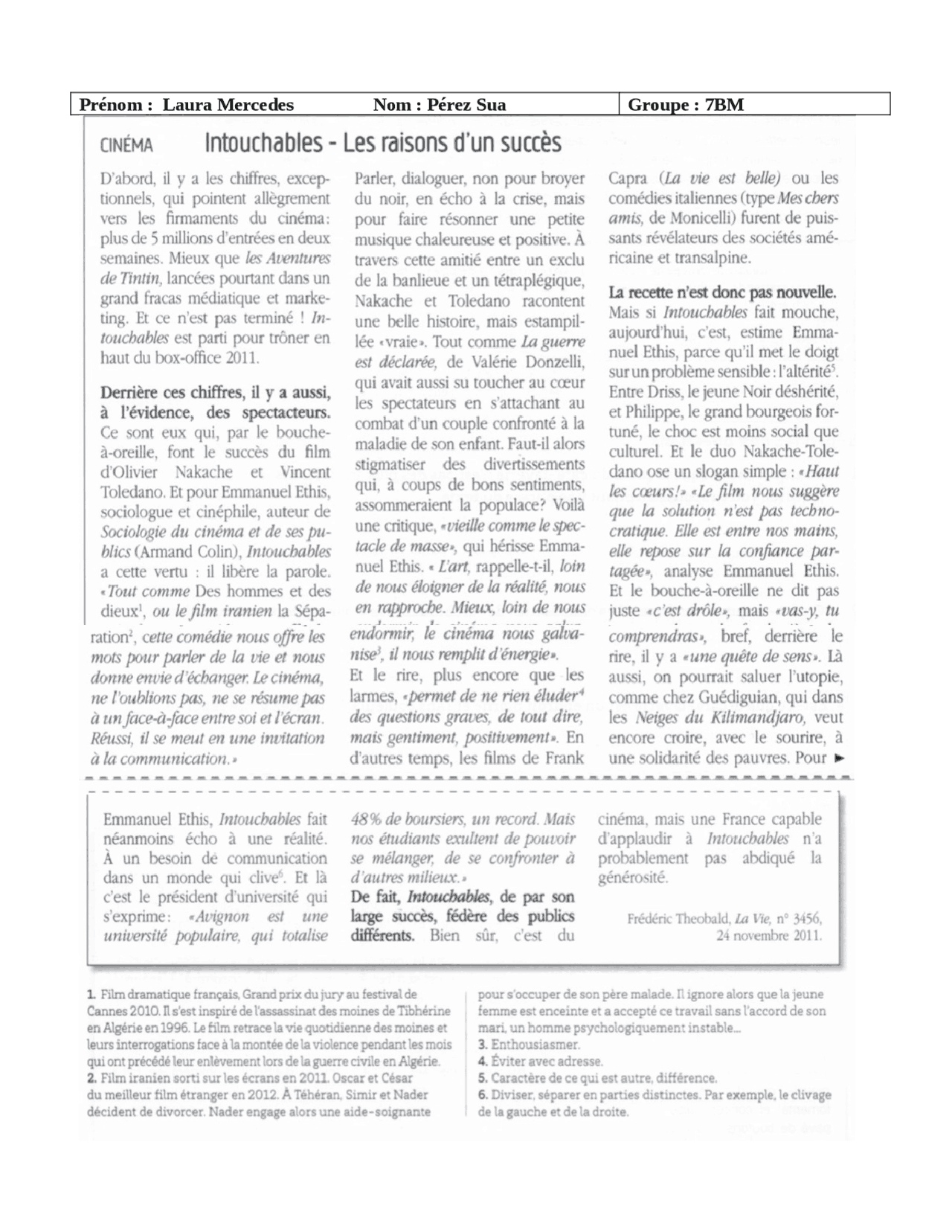 Intouchables-Película francesa. | Apuntes de Idioma Francés - Docsity