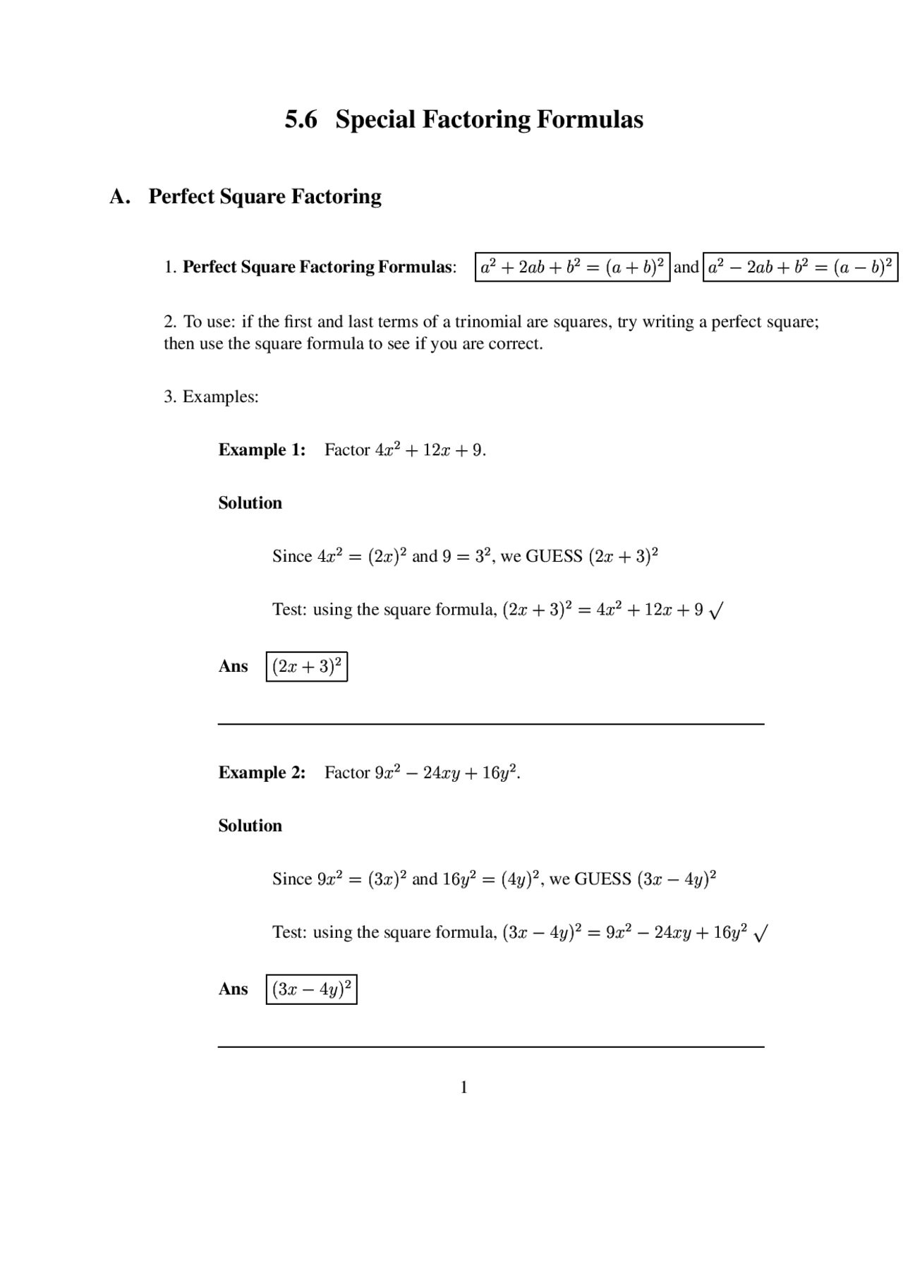 Special factoring formula sheet - Docsity