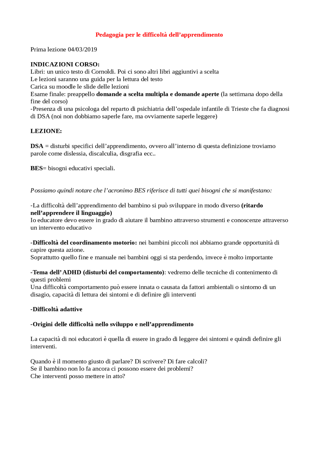 Appunti Pedagogia Per Le Difficoltà Di Apprendimento Docsity
