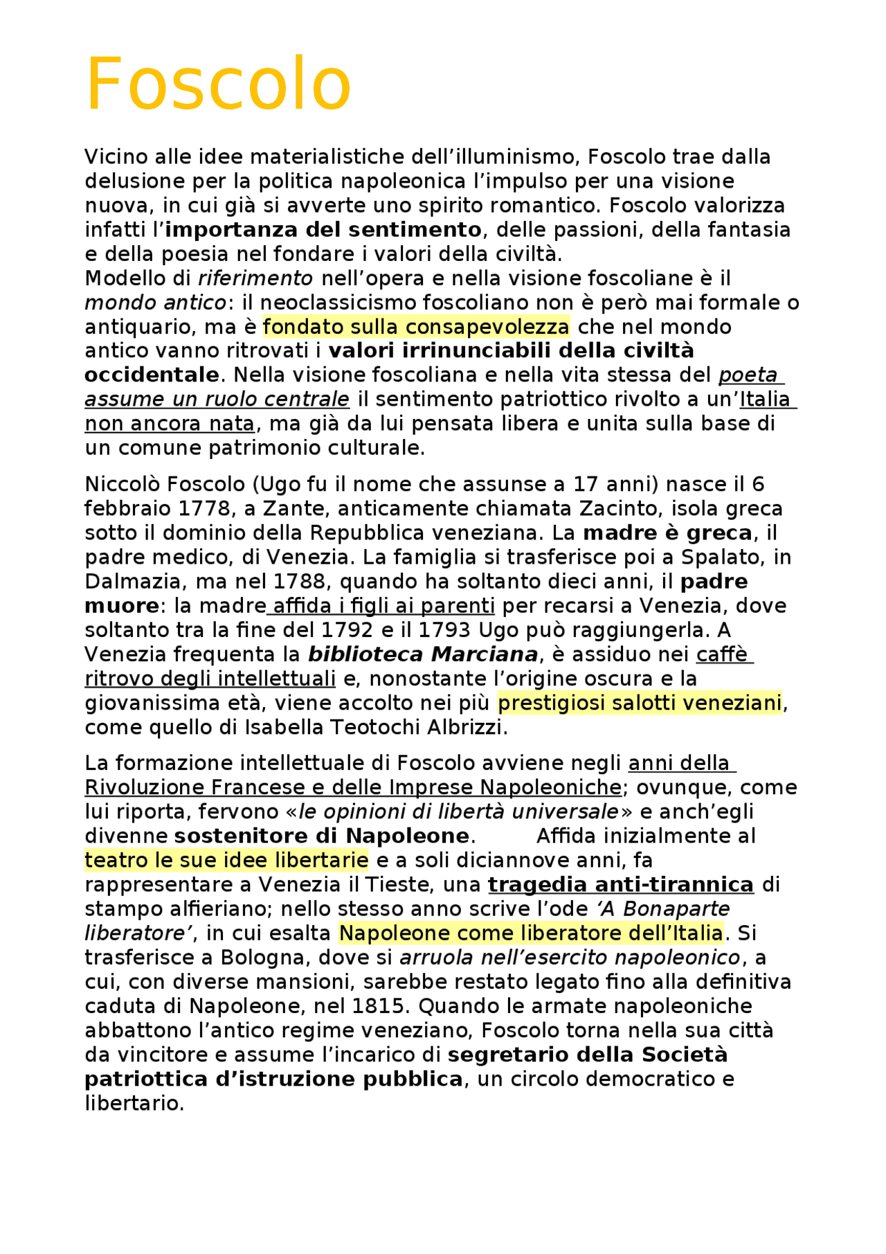 Vita E Opere Di Foscolo Docsity
