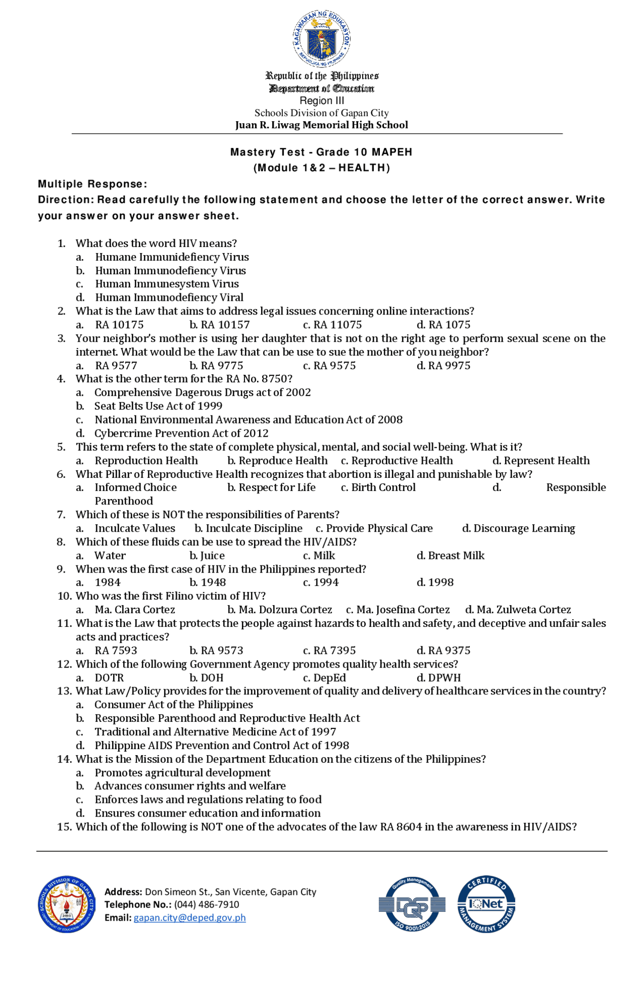 Mapeh gr10 Q2 summative test | Exams English | Docsity