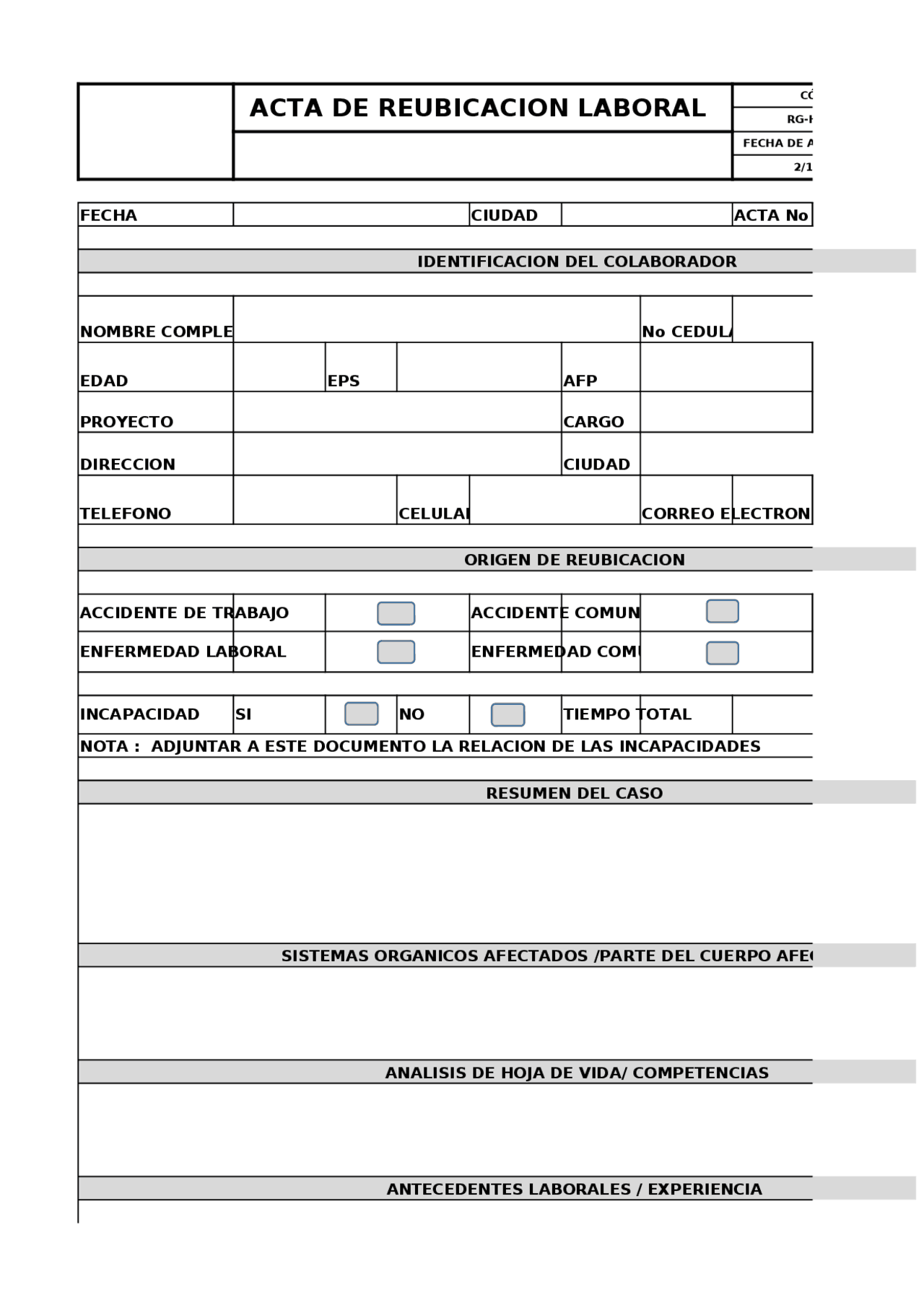 Formato de acta de reubicación laboral - Docsity