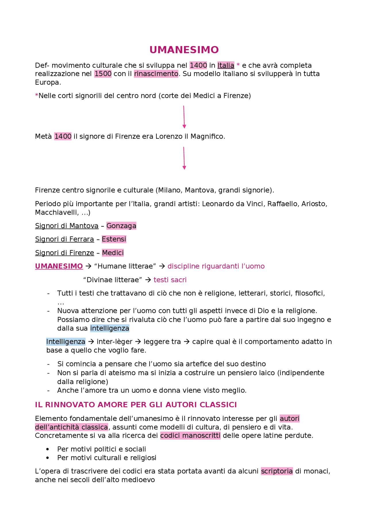 Appunti sull'umanesimo. - Docsity