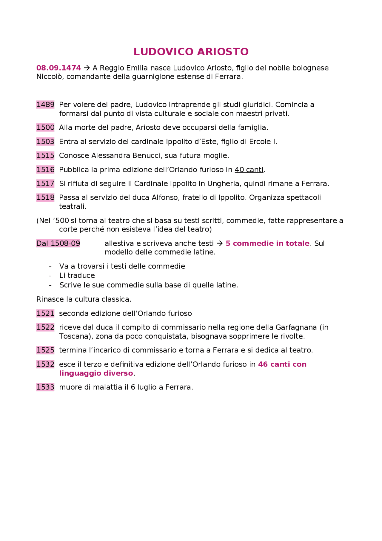 Appunti Ludovico Ariosto Docsity