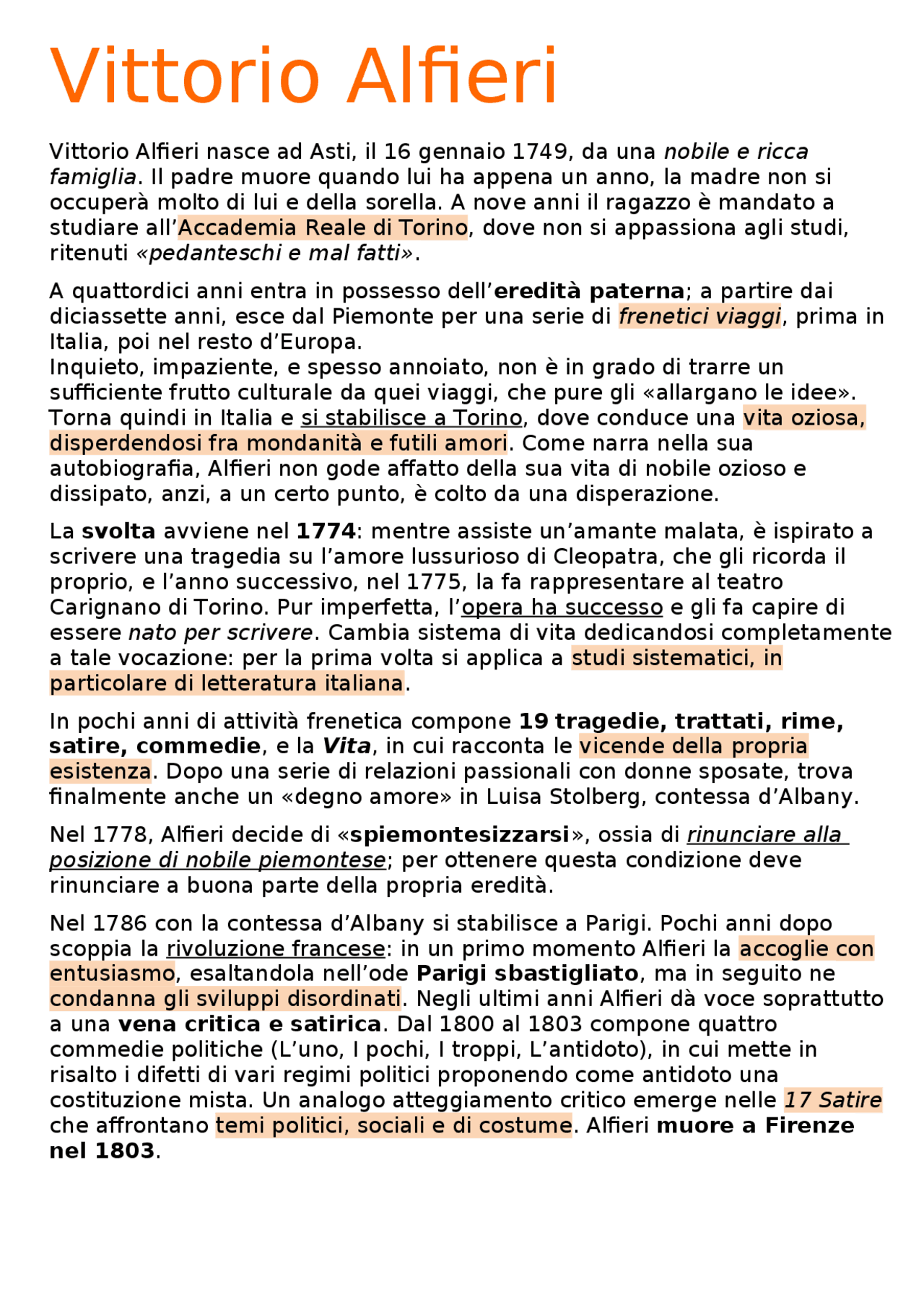 Appunti vita e opere italiano 600 | Summaries Italian | Docsity