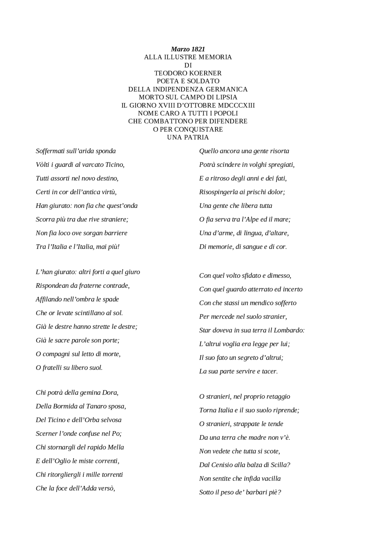 Marzo 1821 - Alessandro Manzoni - Docsity
