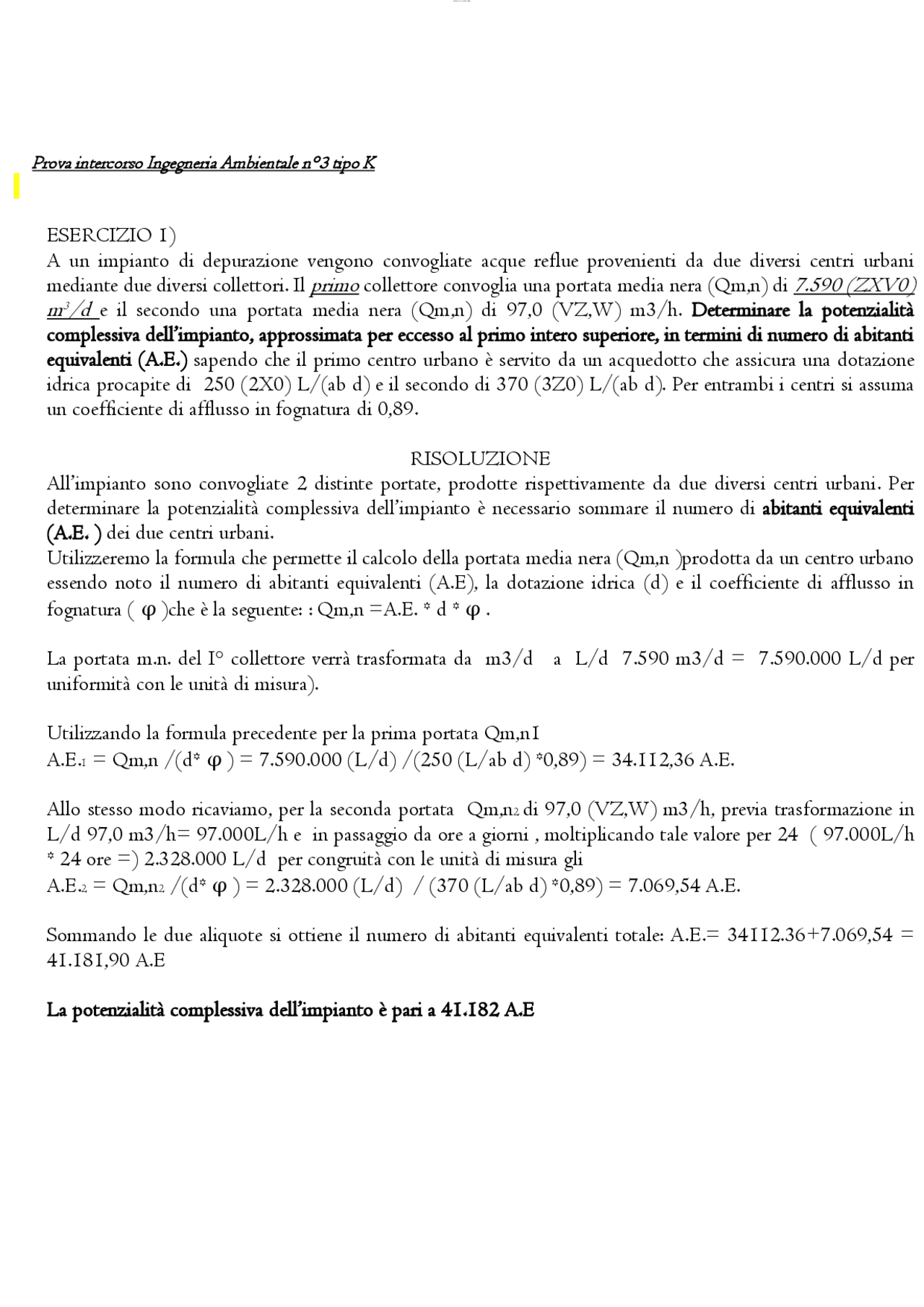 Ingegneria Ambientale Elaborato N 3 Prove Desame Di Ingegneria