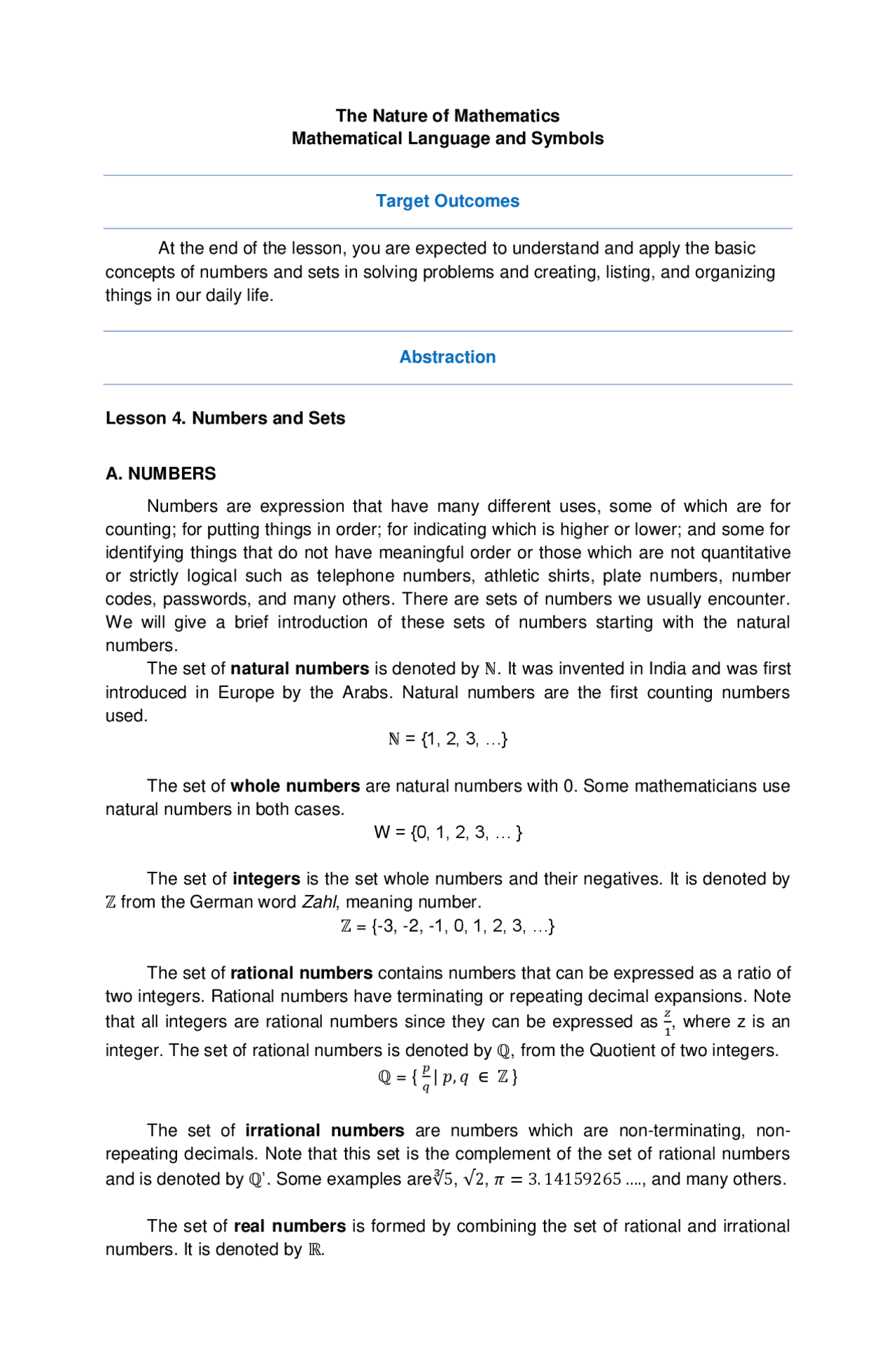 Mathematics Numbers And Sets Docsity